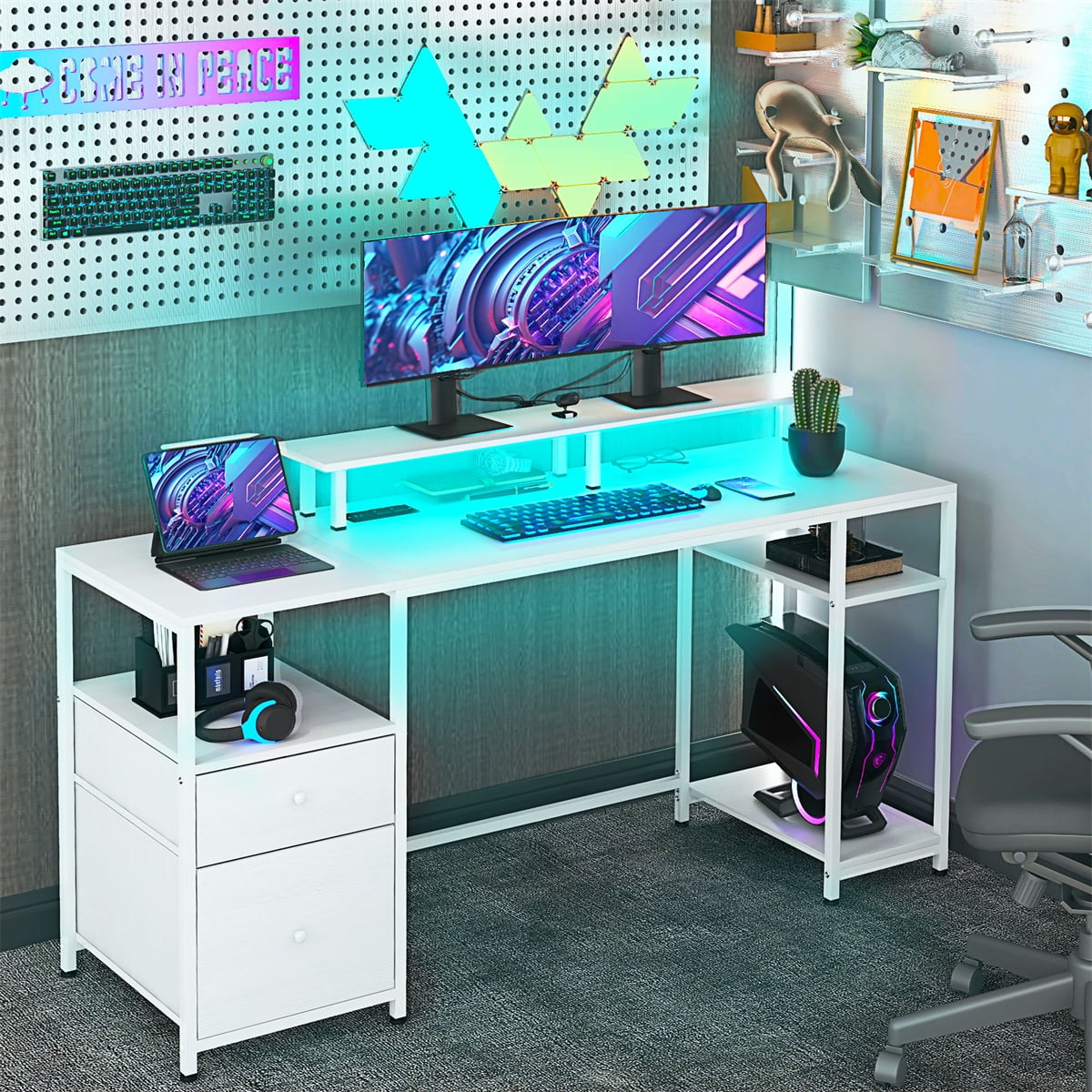 61" Computer Desk with LED Lights, Power Outlets, and USB Ports, Gaming ...