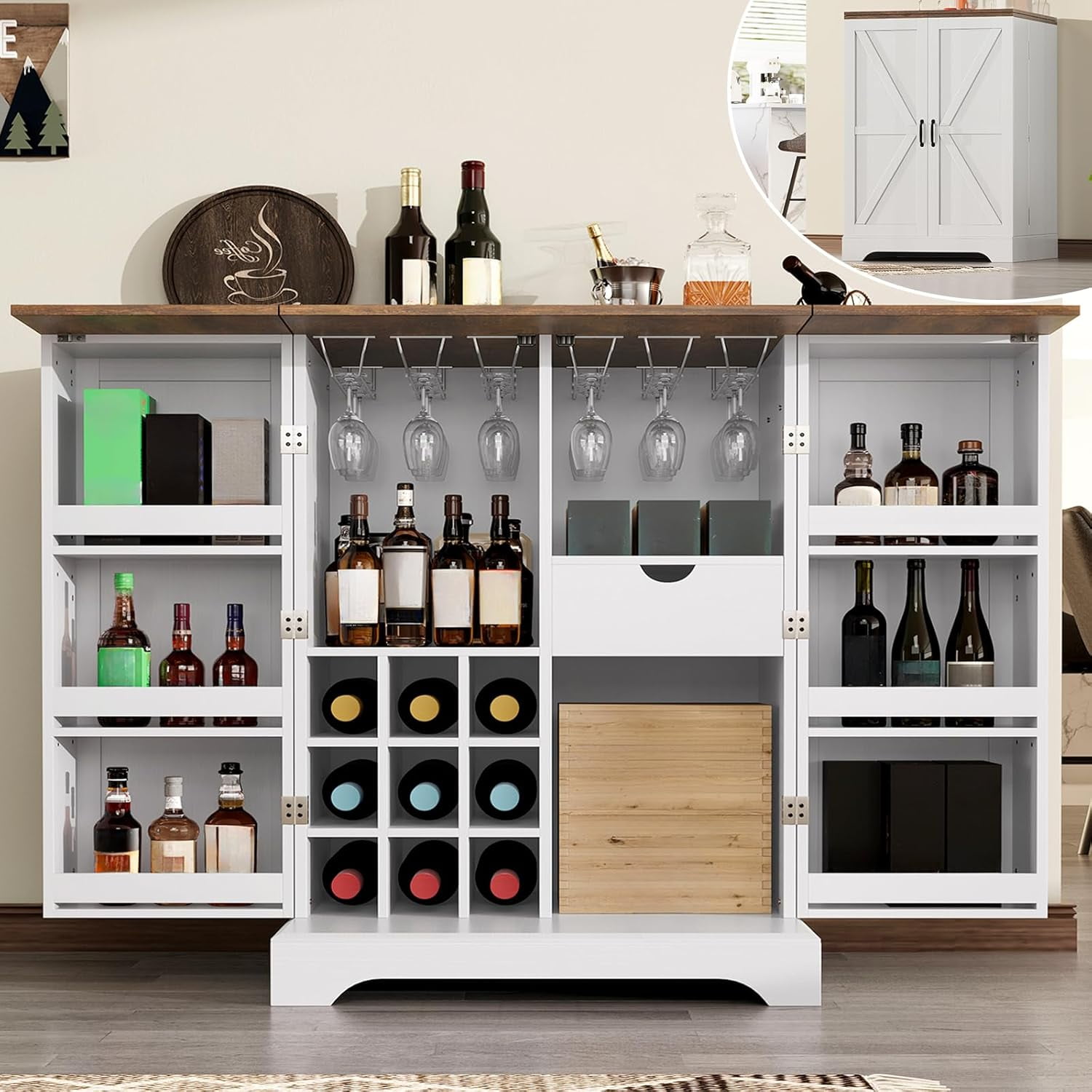 61" Farmhouse Bar Cabinet with 9 Wine Racks, Folding Storage Wine ...