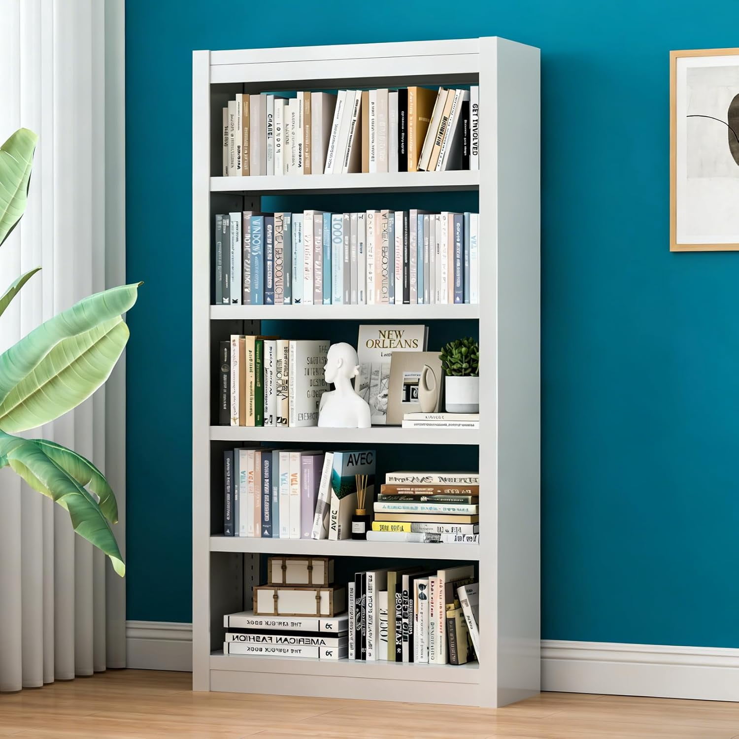 61" H Bookshelf, 5 Tier Adjustable Bookshelf, White Bookcase, Metal ...