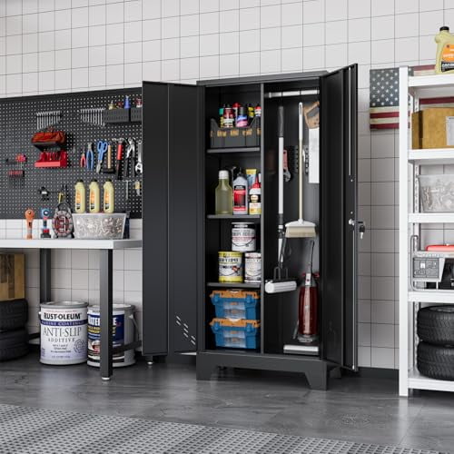 61" H Broom Closet Cabinet, Metal Storage Cabinet with Lockable Doors ...