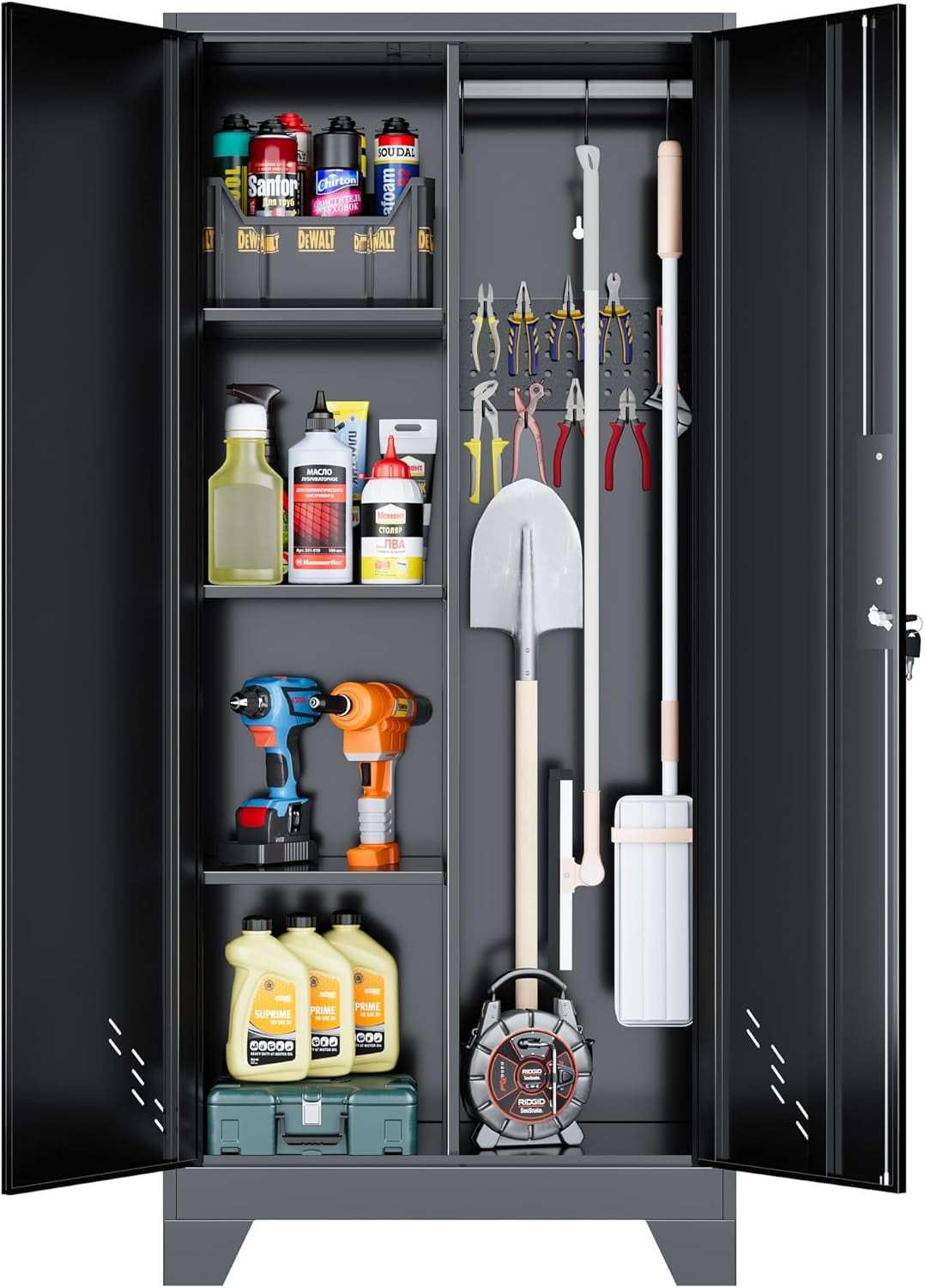 61" H Broom Closet Cabinet, Metal Storage Cabinet with Lockable Doors ...
