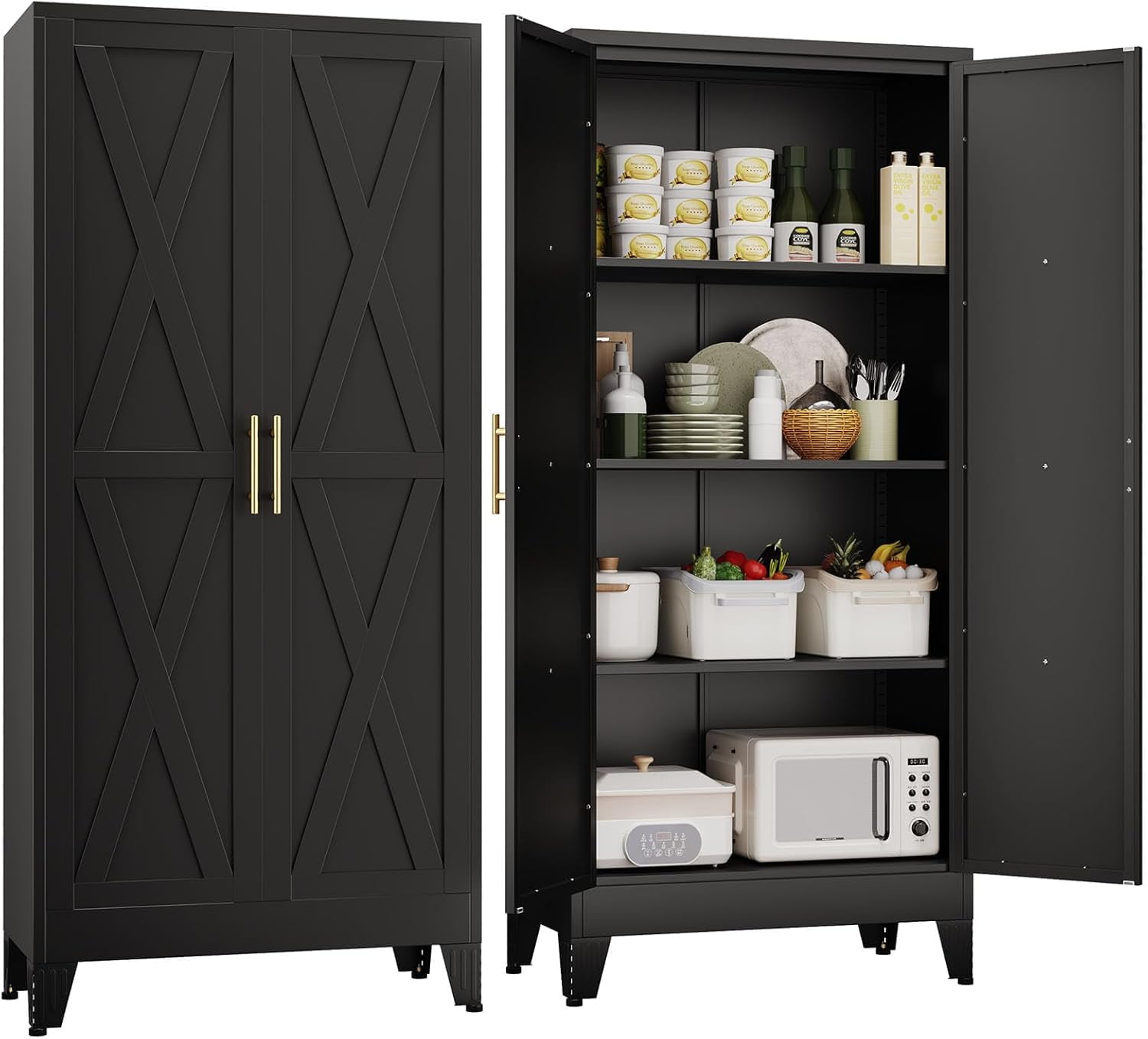 61" H Metal Kitchen Pantry Storage Cabinet, Freestanding Cupboard with ...