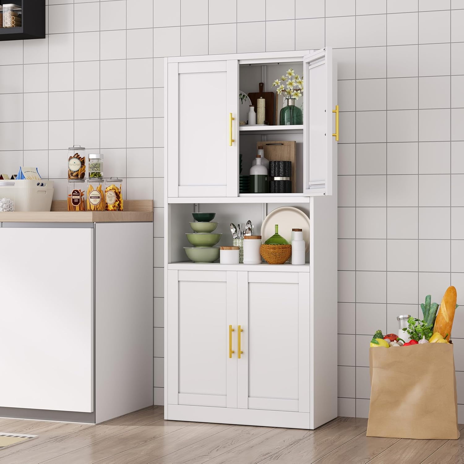 61”H Metal Kitchen Pantry Storage Cabinet，Freestanding Tall Storage ...