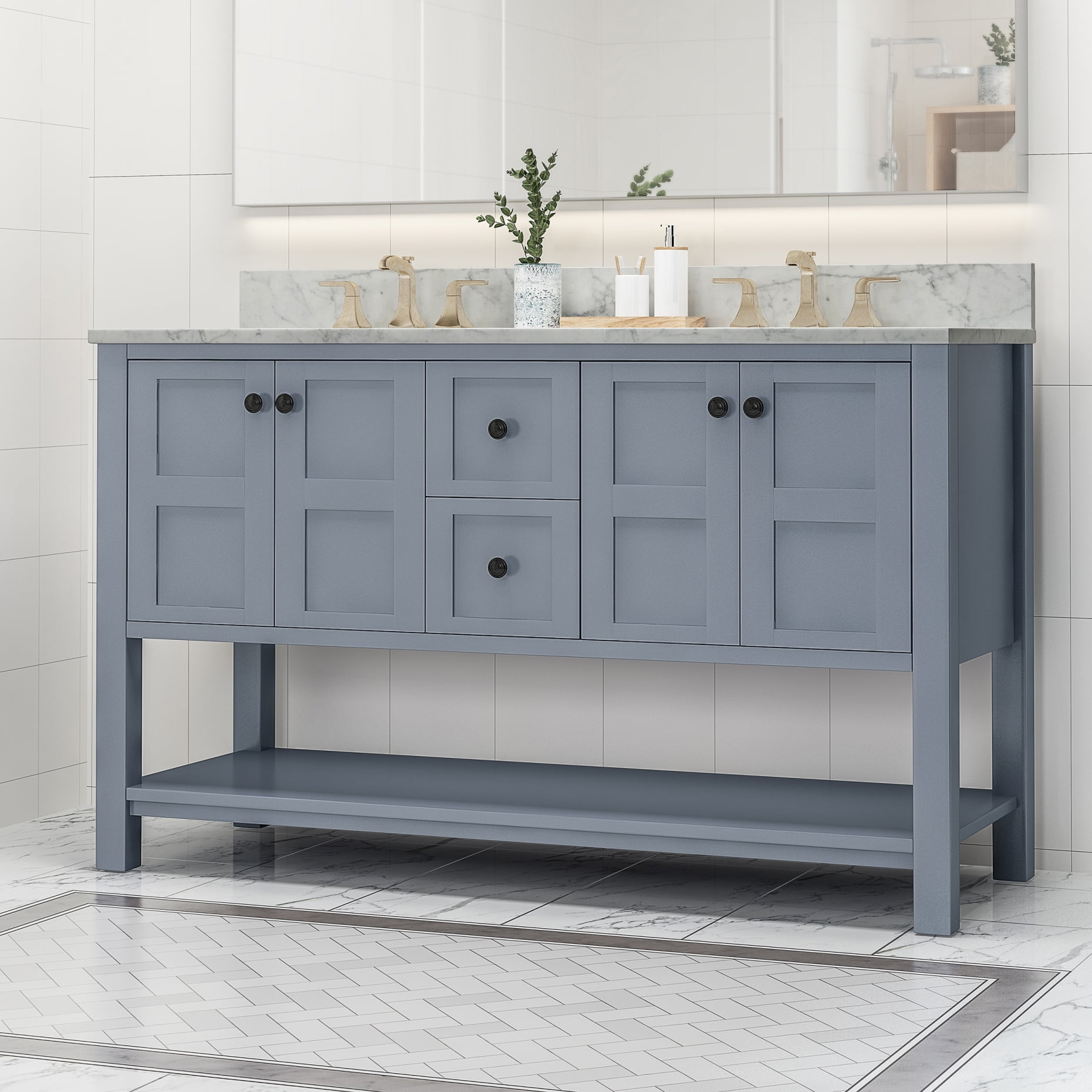 61 Inch Bathroom Vanity with Marble Countertop, Dual Ceramic Sinks, 4 ...