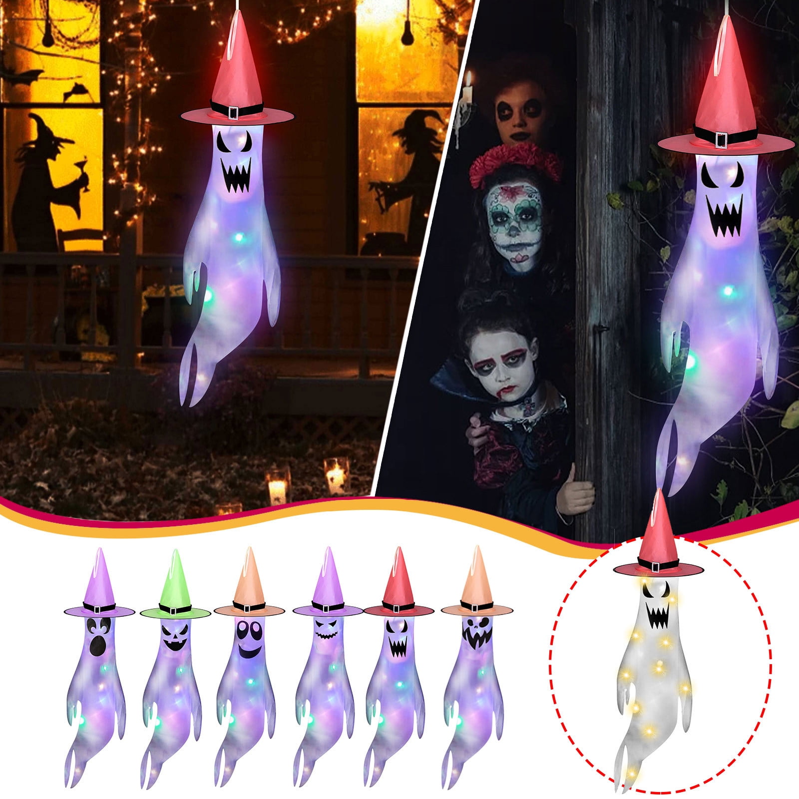 61 Inch Ghost Windsock with LED Light, Colorful Hat Halloween Hanging ...