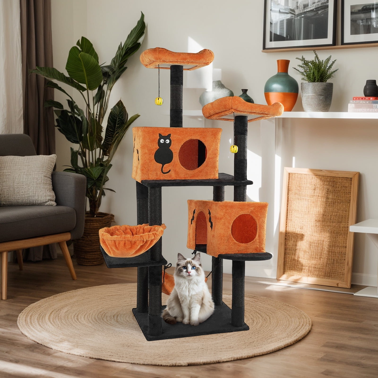 61 Inch Halloween Cat Tree Orange Black 2 Condos 2 Hammocks 2 Padded ...