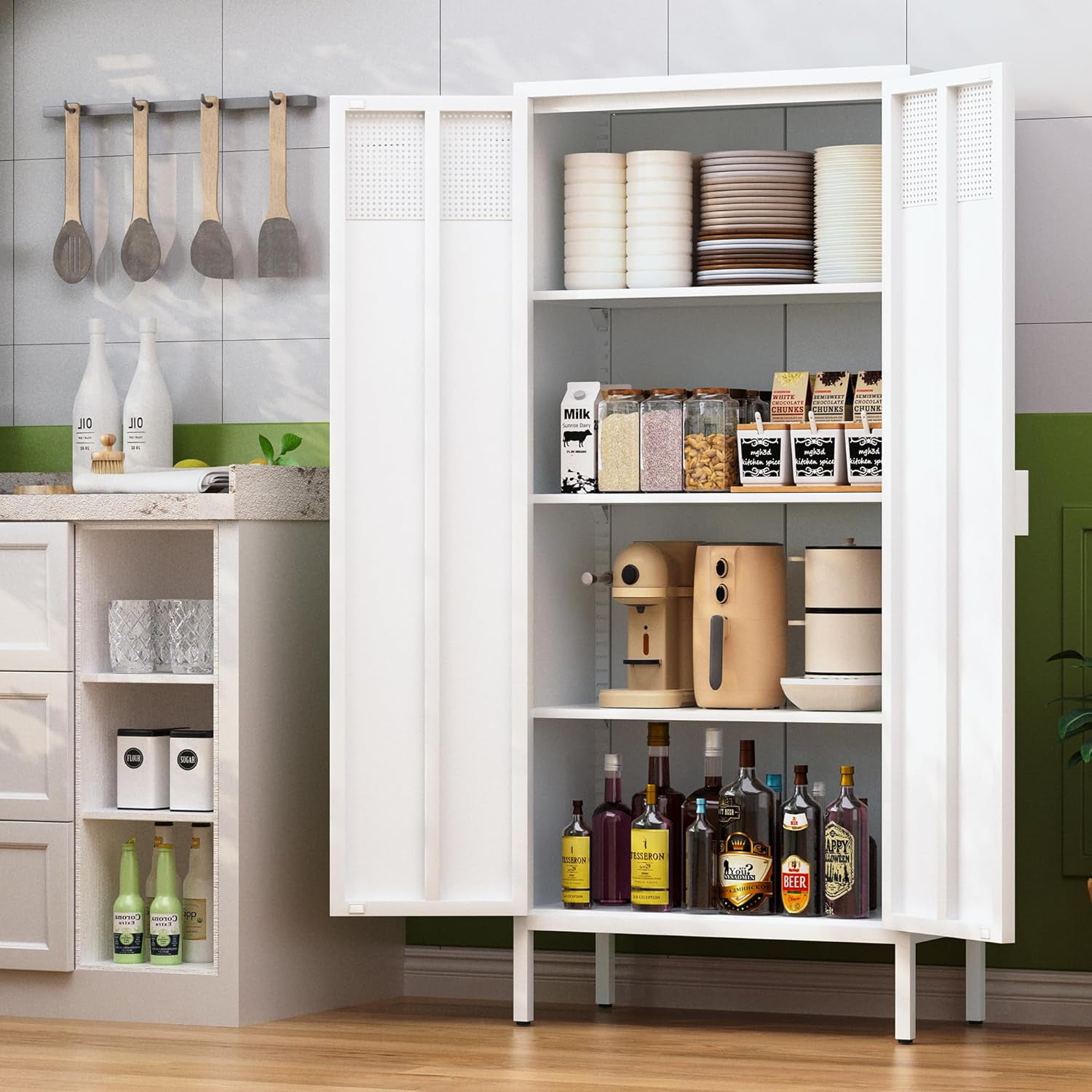 61 Inches Metal Storage Cabinet with Doors and Shelves, 4 Tier Kitchen ...