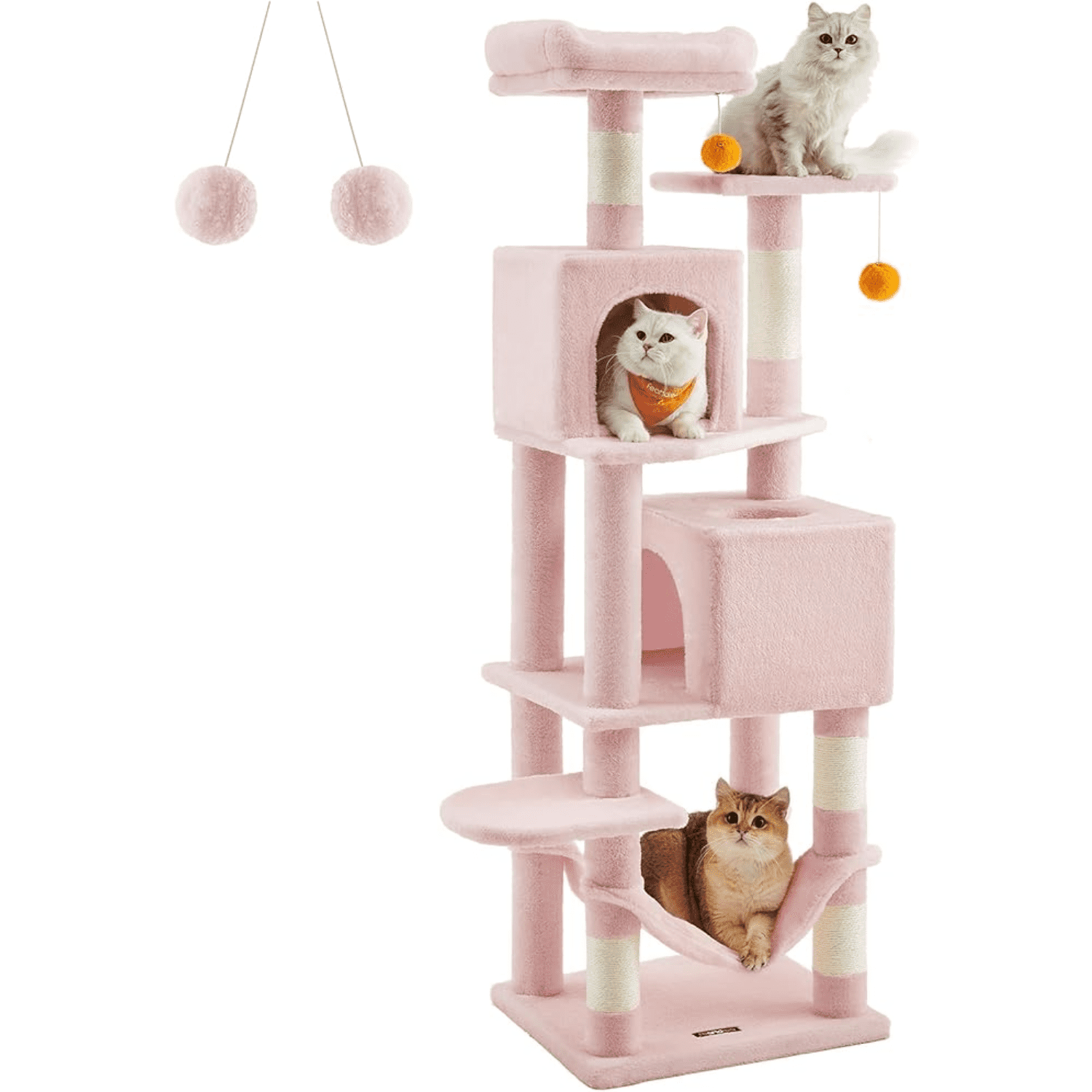 61" Jelly Pink Cat Tree, Plush Multi-Level Condo, 5 Scratching Posts, 2 ...