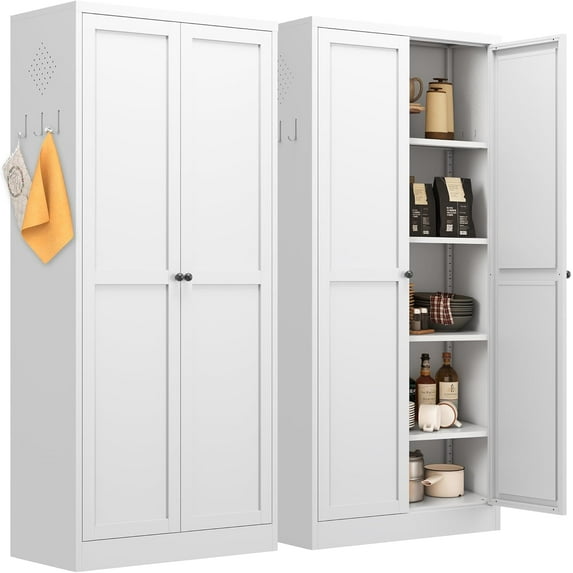 61" Kitchen Pantry Cabinet with 2 Doors and 4 Shelves,White Metal ...