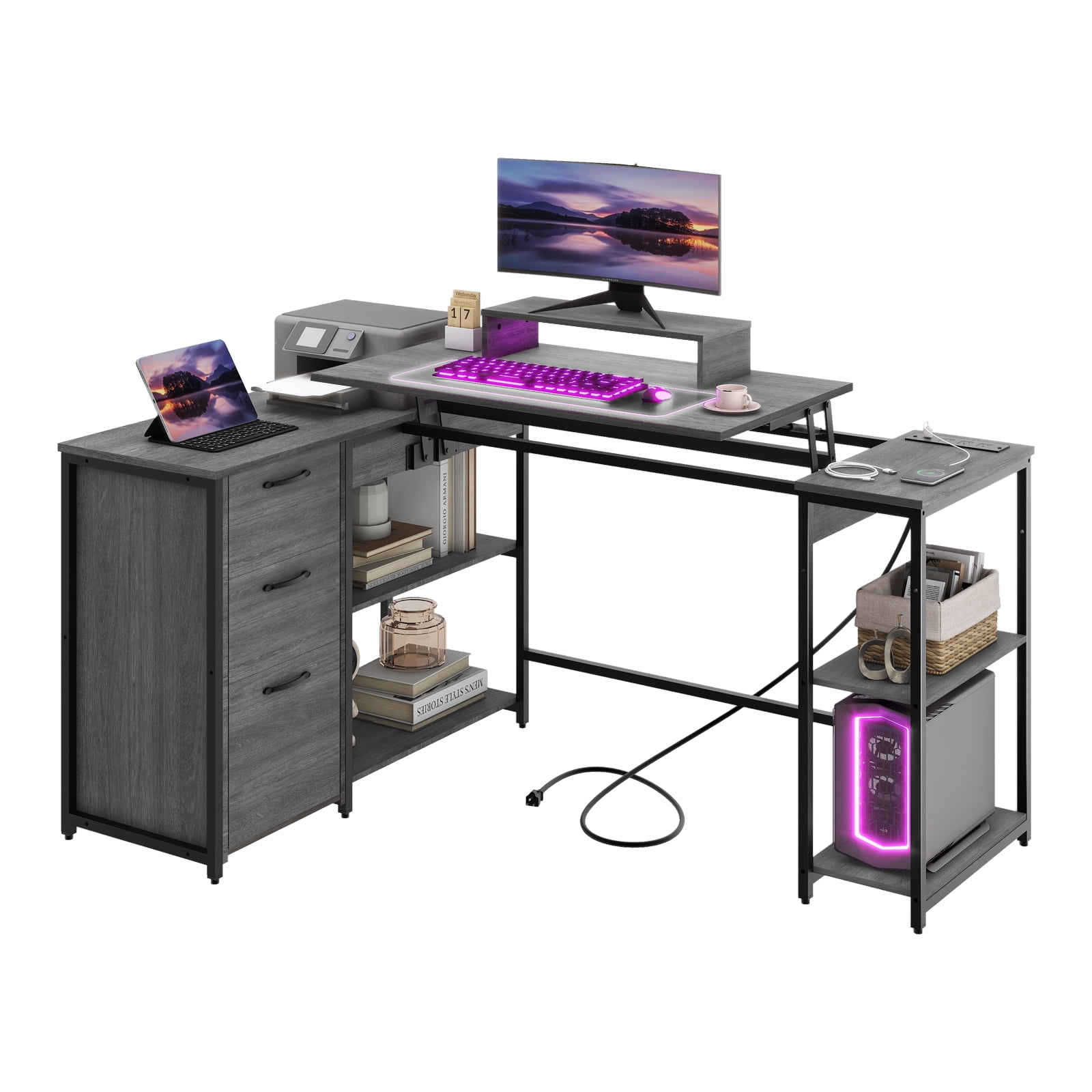 61" L Shaped Computer Desk with LED Lights and Power Outlets ...