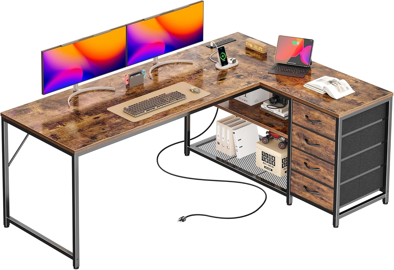 61" L Shaped Desk with Power Outlets and USB-C Port, Reversible ...