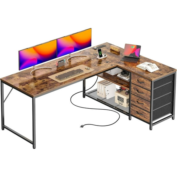 61" L Shaped Desk with Power Outlets and USB-C Port, Reversible ...