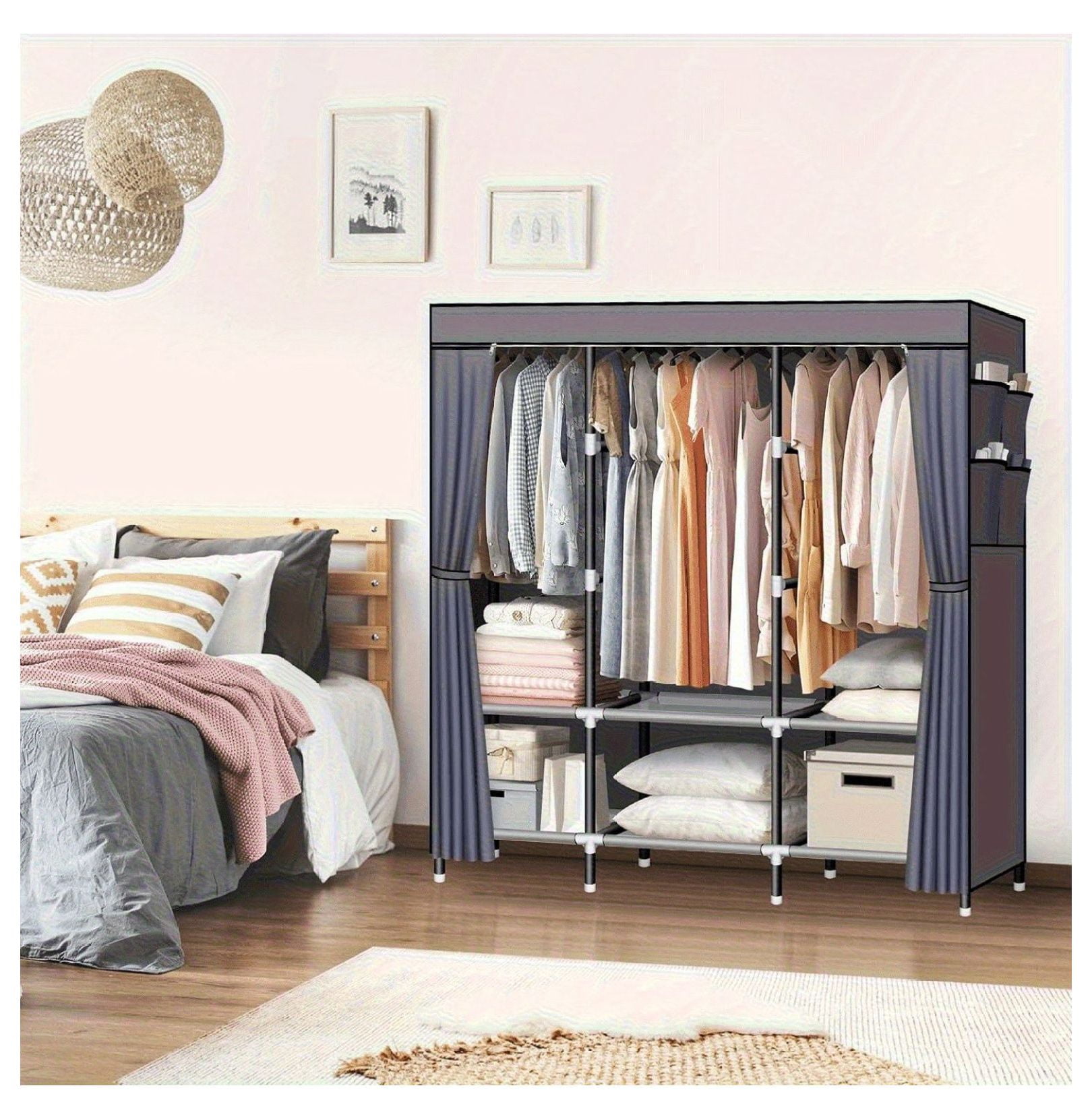 61" Large Capacity Portable Wardrobe with 3 Hanging Rods & 6 Storage ...