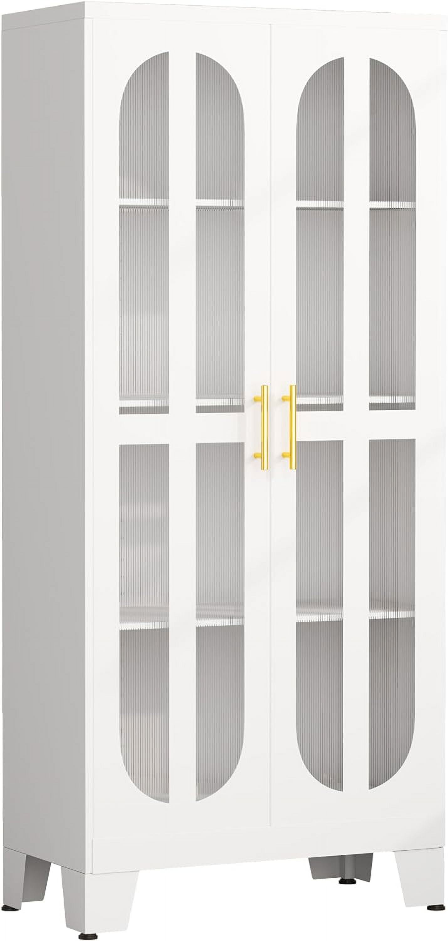 61" Metal Kitchen Pantry Storage Cabinet with 2 Acrylic Glass Doors ＆ 3 ...
