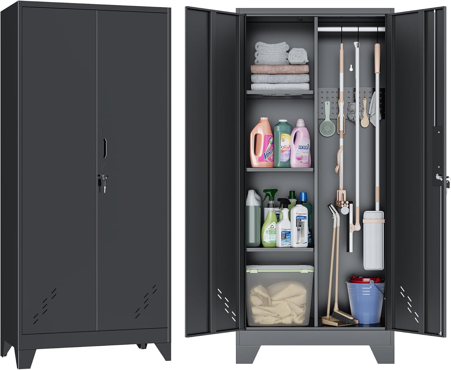 61" Metal Storage Cabinet with Lockable Doors, Cleaning Supply Cabinet ...