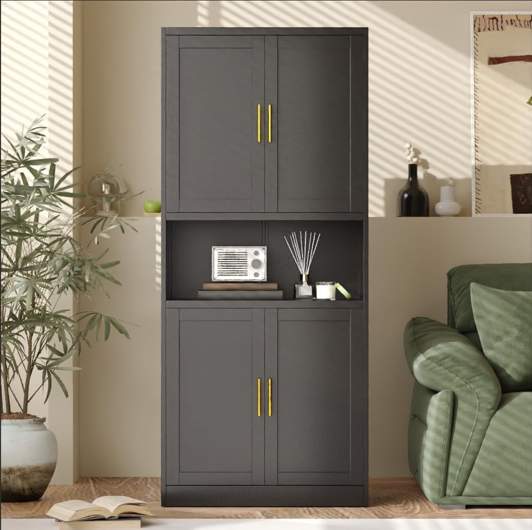 61“ Metal Tall Kitchen Pantry Storage Cabinet, Modern Hutch Bar Cabinet ...
