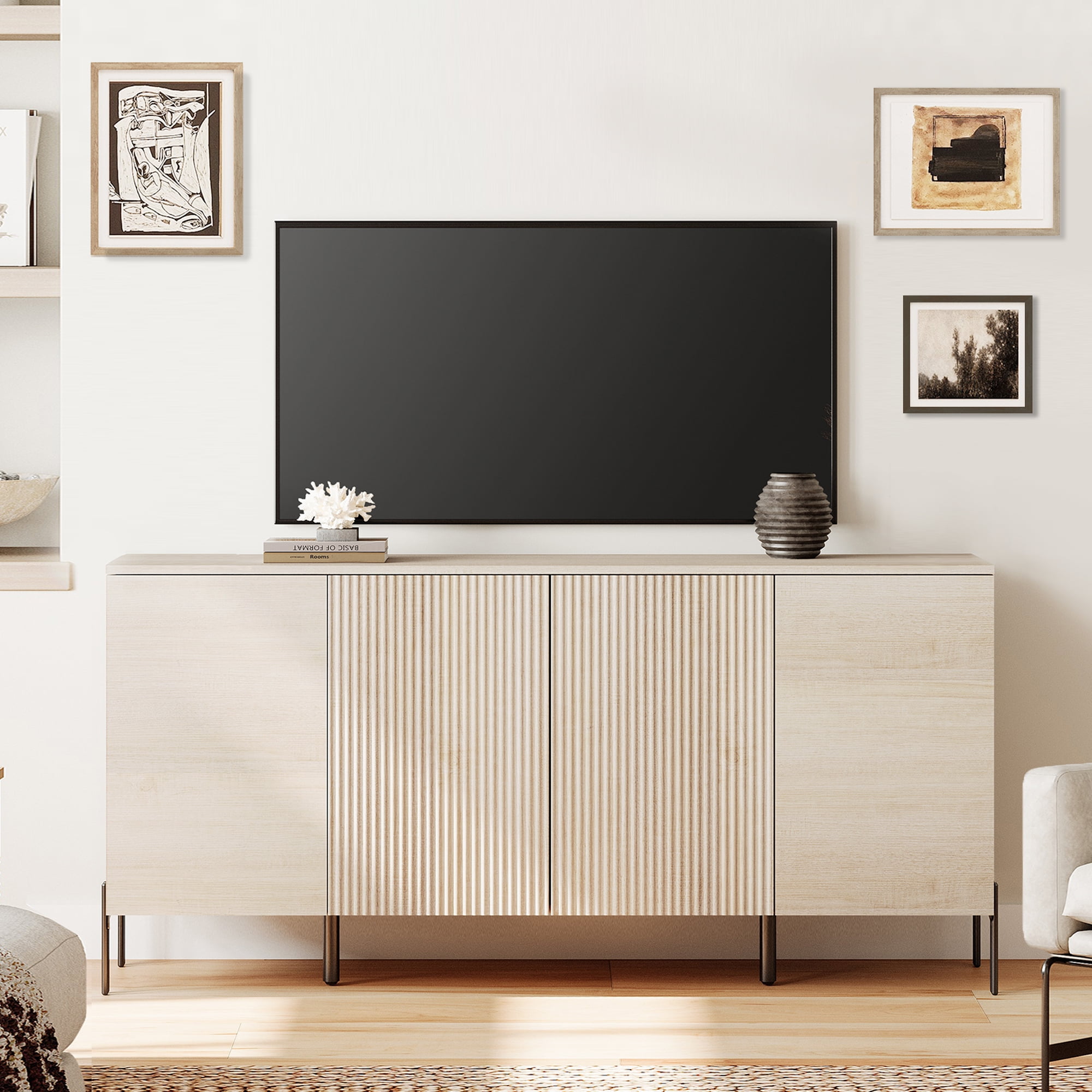 61" Modern TV Stand With Storage, Reeded Entertainment Center, Wooden ...