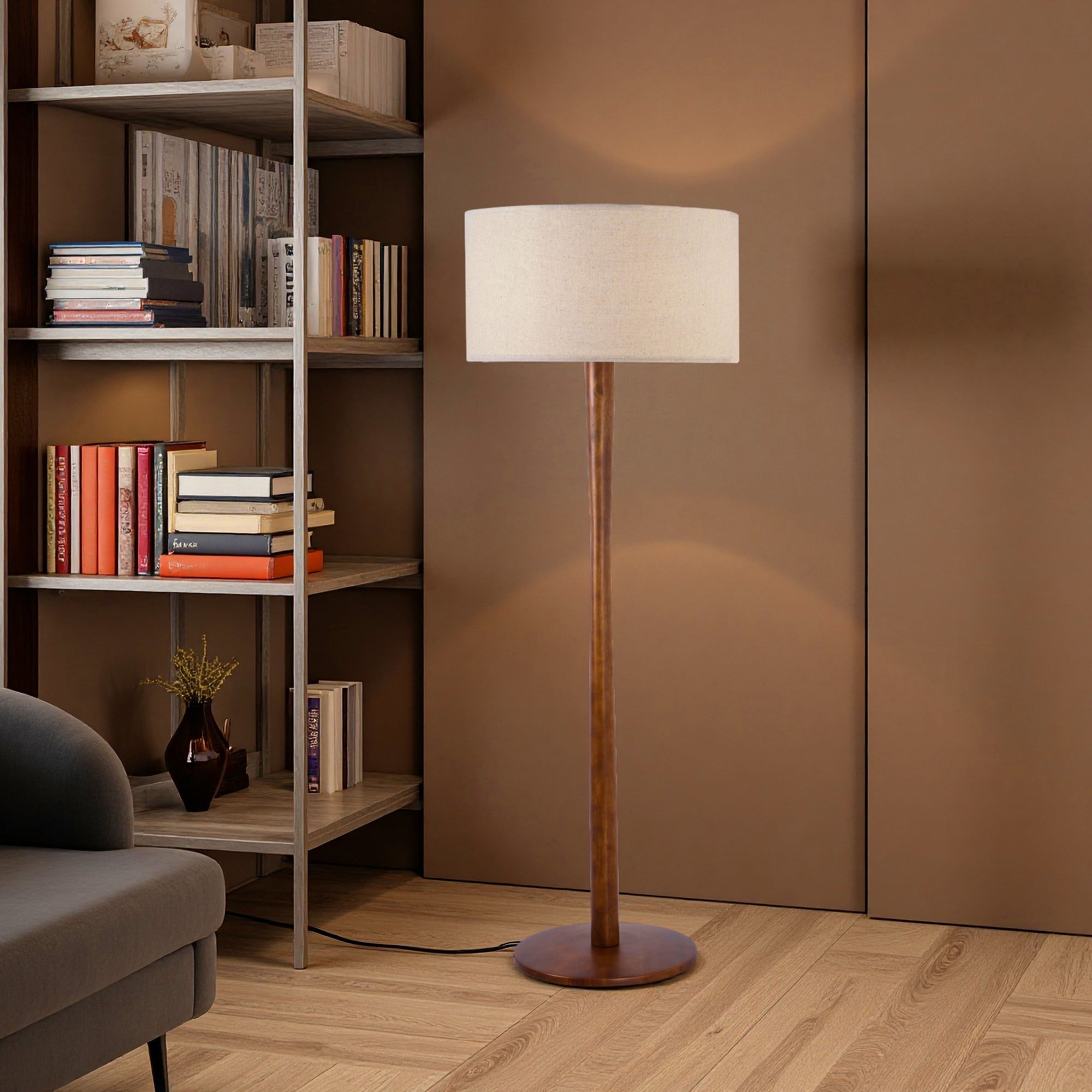 61" Modern Walnut Wood Column Floor Lamp with Linen Drum Shade,Standing ...
