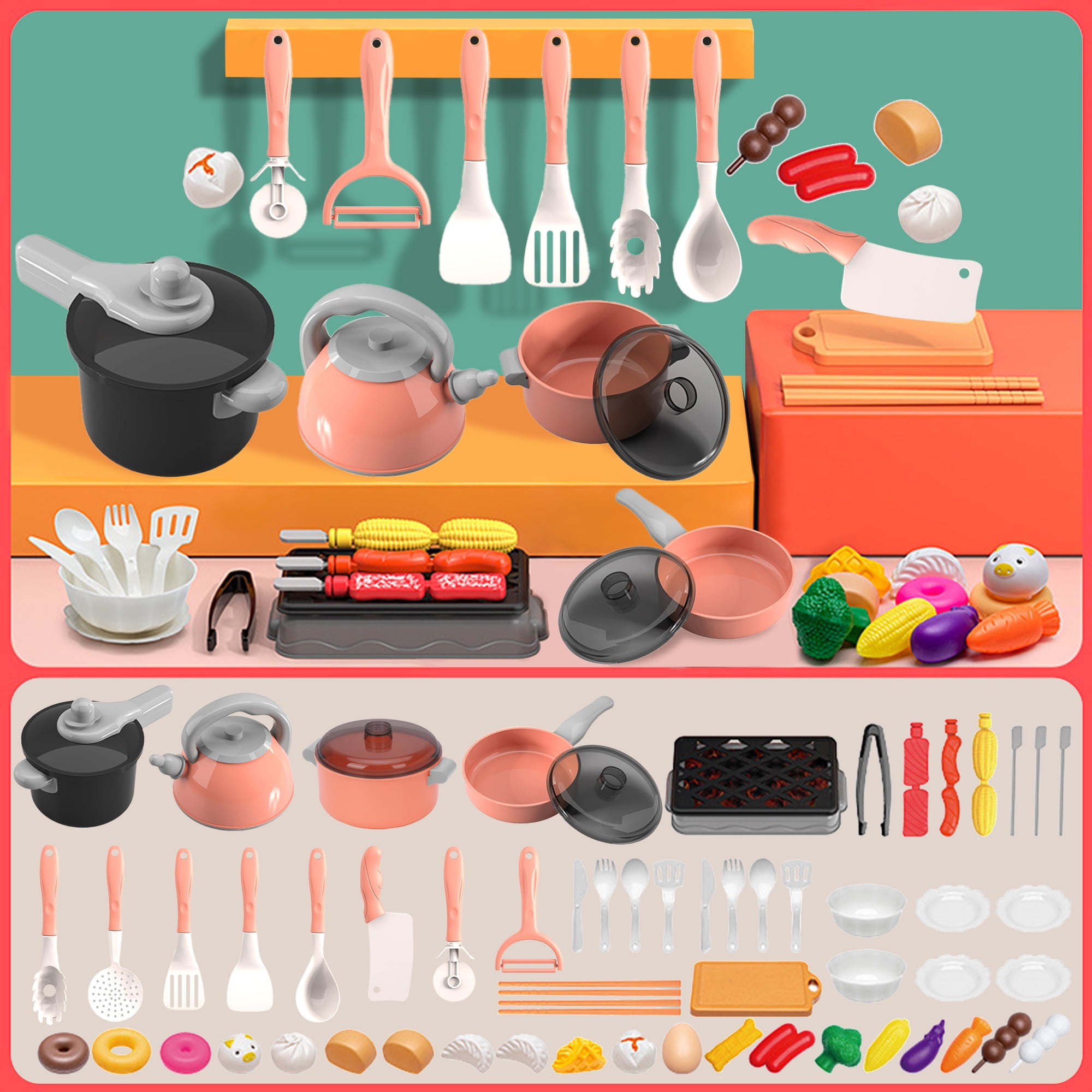 61 Pcs Kids Kitchen Playset - Pretend BBQ Cooking Toy Set with ...