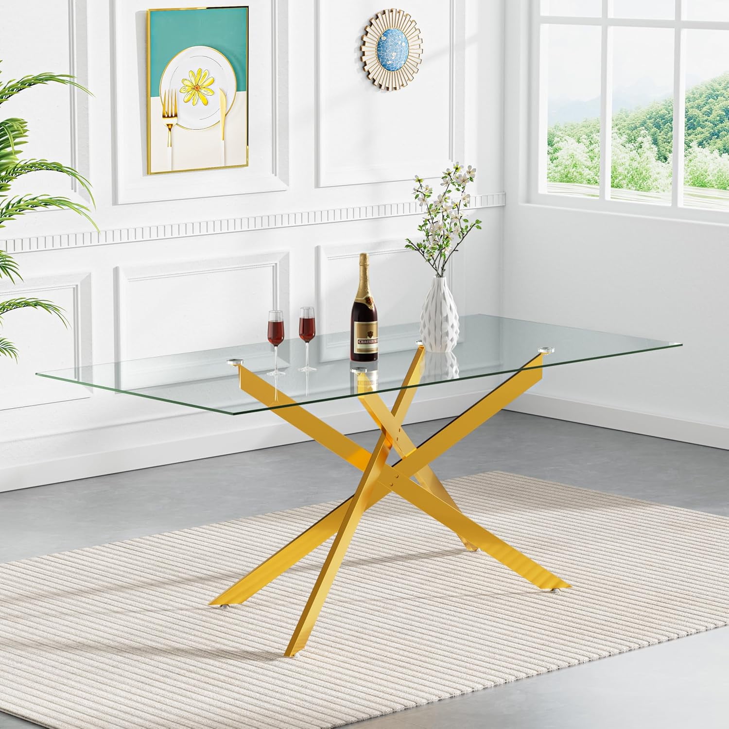 61" Rectangle Glass Dining Table for 4-6, Luxury Kitchen Table with Tempered Glass Top and Gold ...
