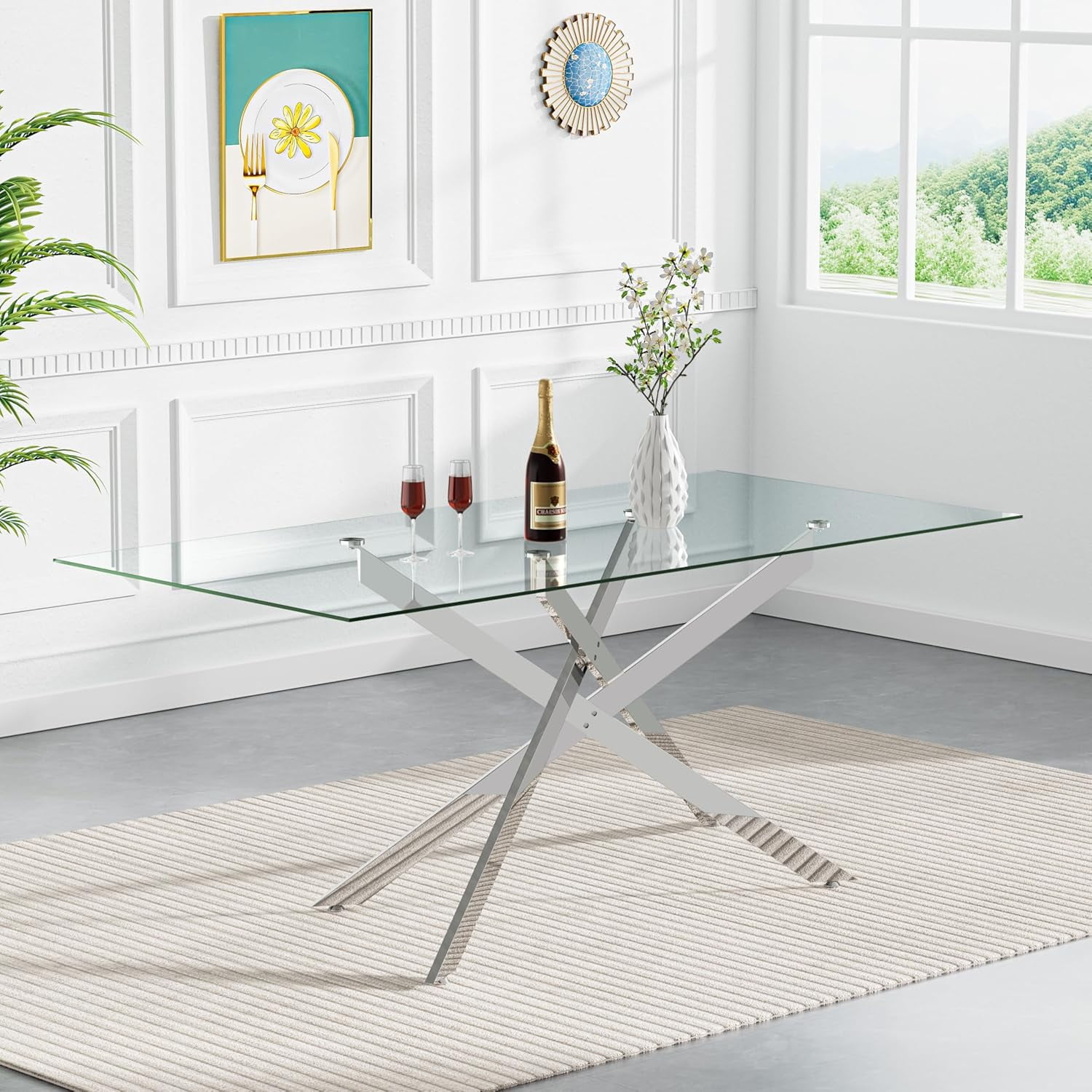 61" Rectangle Glass Dining Table for 4-6, Luxury Kitchen Table with Tempered Glass Top and ...