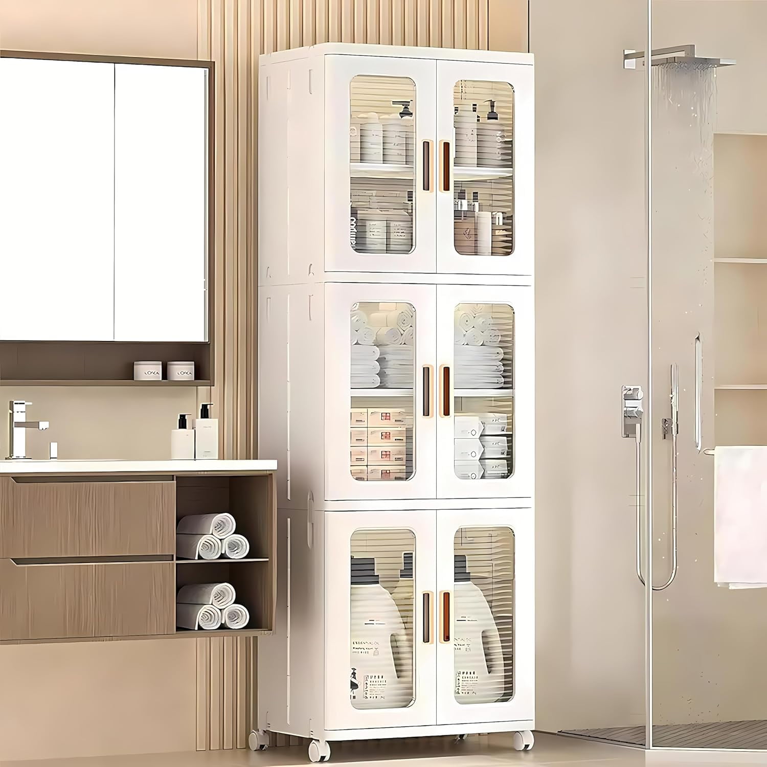 61” Tall Bathroom Storage Cabinet, Plastic Storage Organizer with Doors & Adjustable Shelves ...