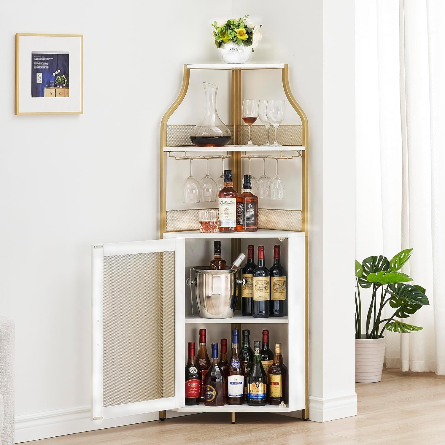 61'' Tall Corner Wine Bar Cabinet with Adjustable Shelves, 5-Tier ...