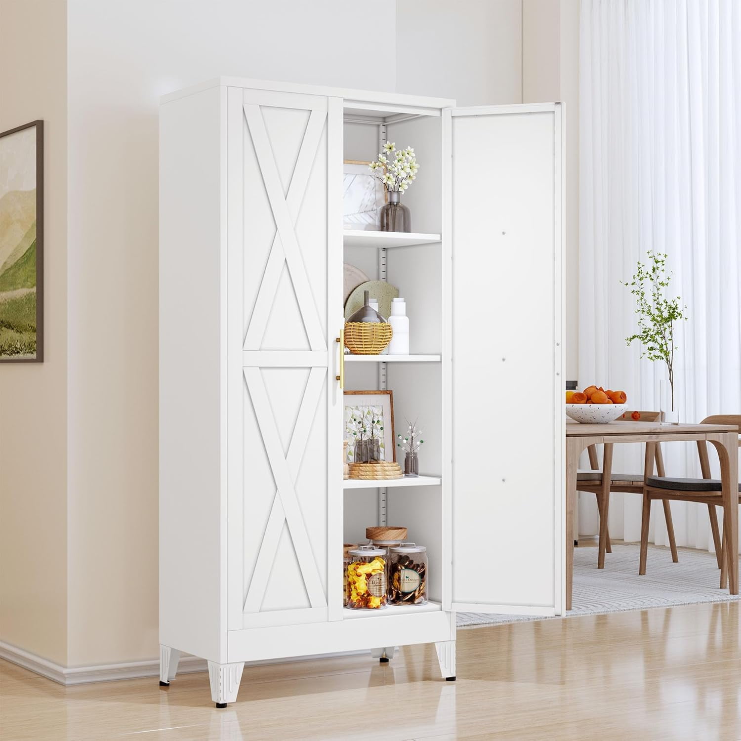 61" Tall Kitchen Pantry Cabinet, Metal Storage Cabinet with 2 Doors and ...