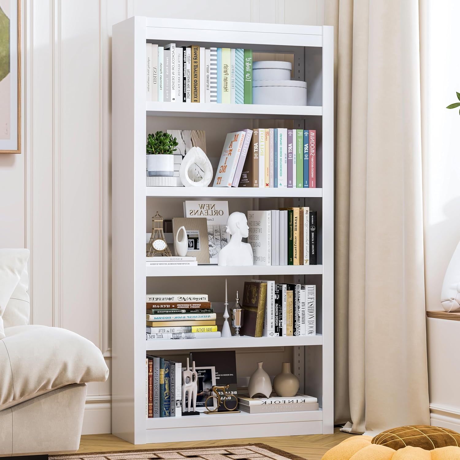 61'' Tall Metal Bookcase,Modern 5 Tier Bookshelf,White Open Adjustable ...