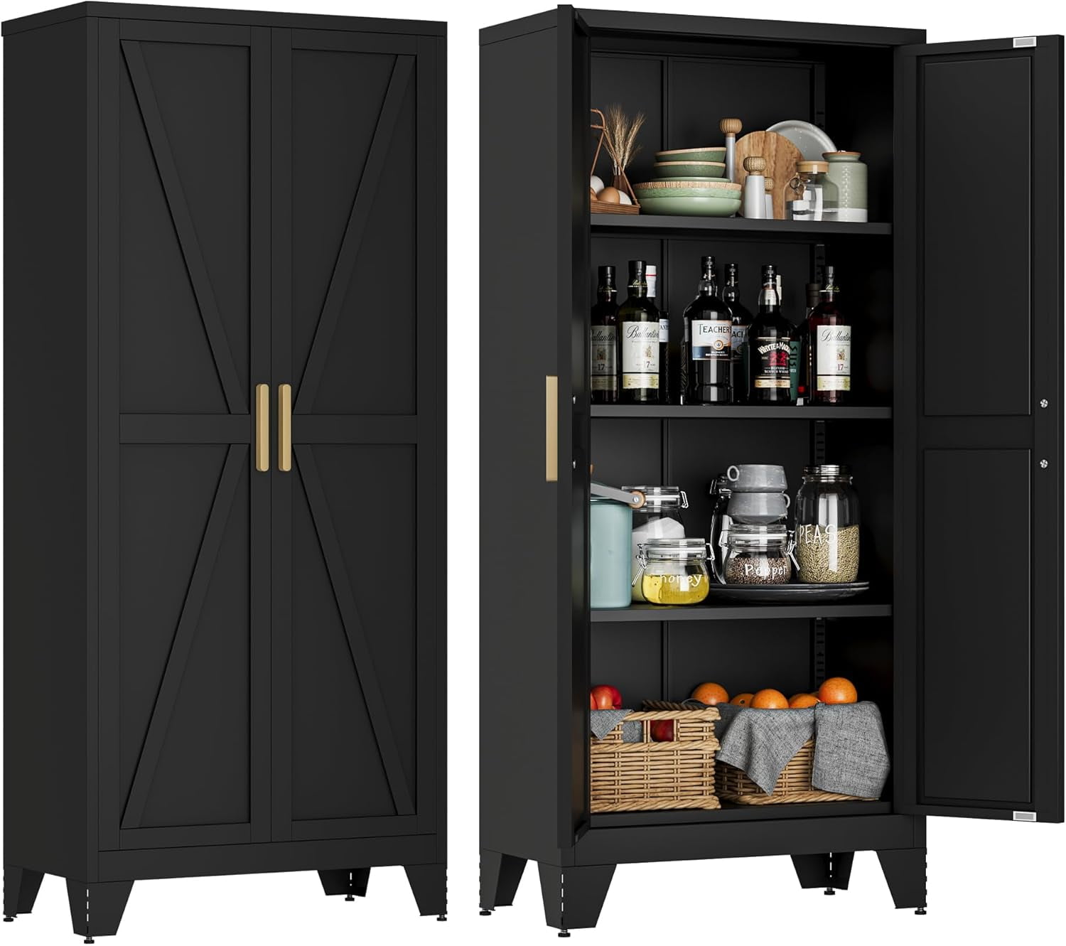 61" Tall Metal Storage Cabinet with 2 Doors and 3 Adjustable Shelves, 4 ...