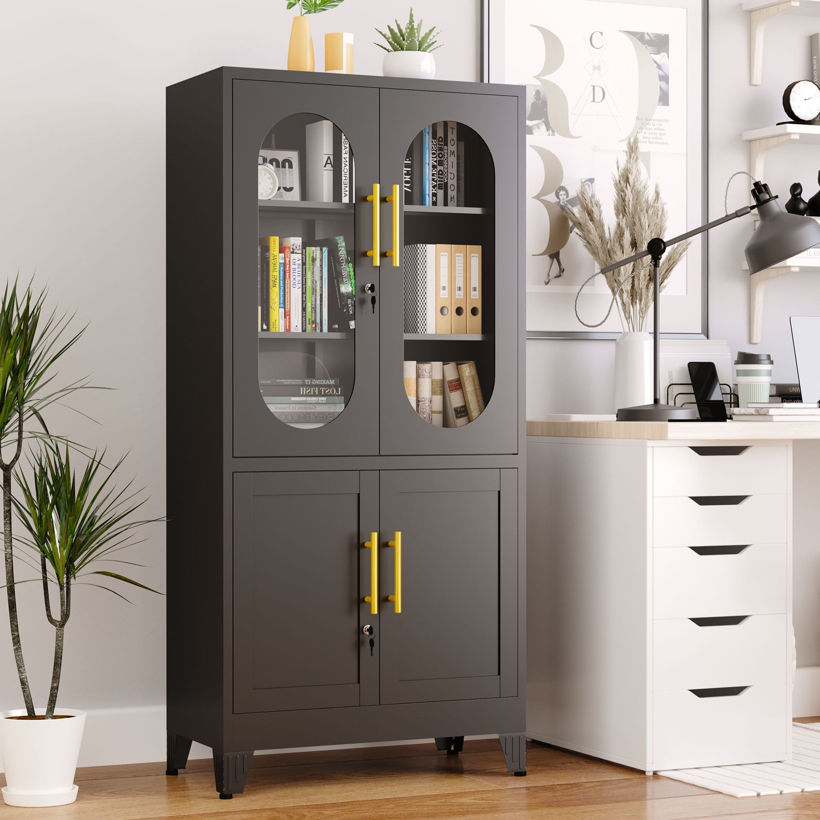 61" Tall Metal Storage Cabinet Featuring 2 Glass Doors Steel, Lockable ...