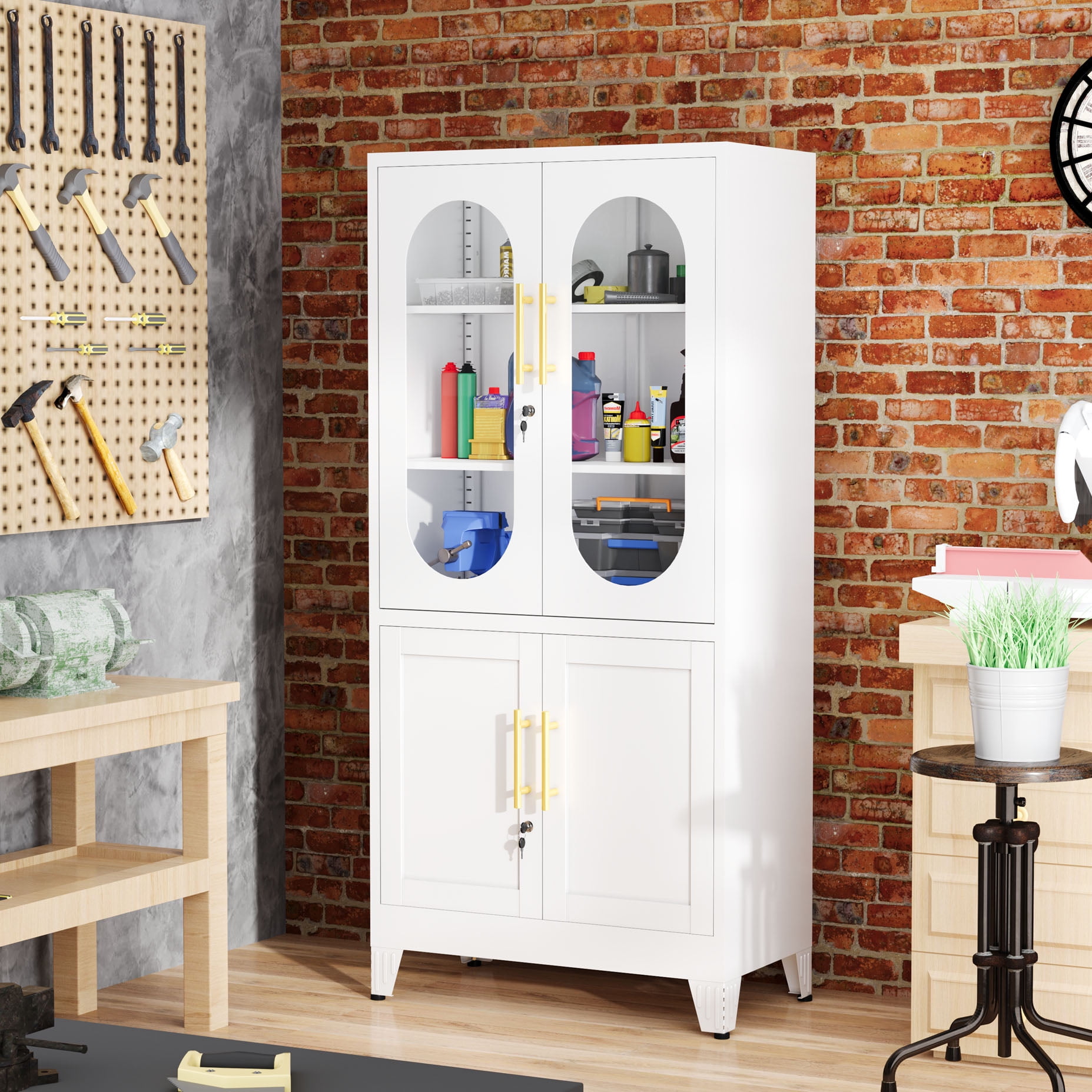 61" Tall Metal Storage Cabinet Featuring 2 Glass Doors Steel, Lockable ...