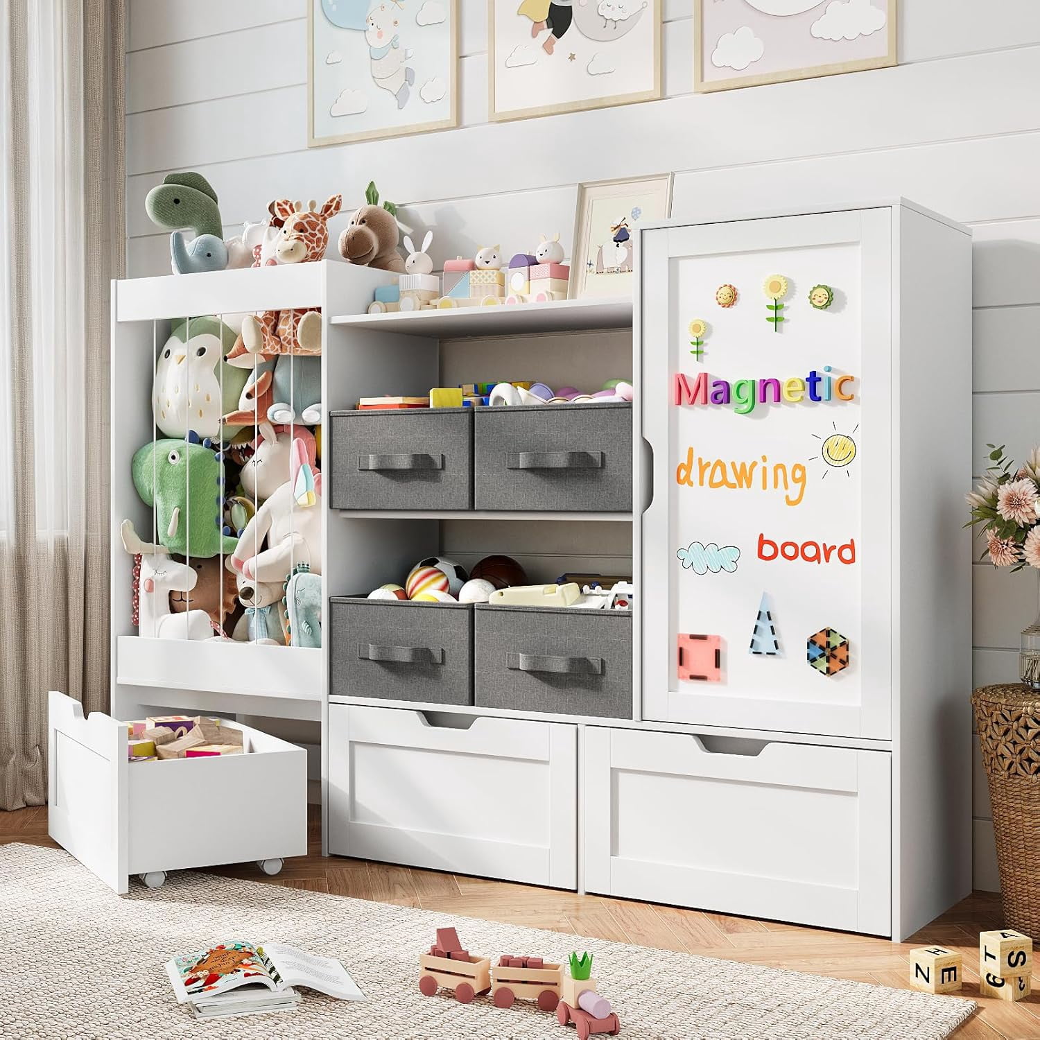 61" W Kids Toy Storage Organizer with Stuffed Animal Storage, 3 Movable ...