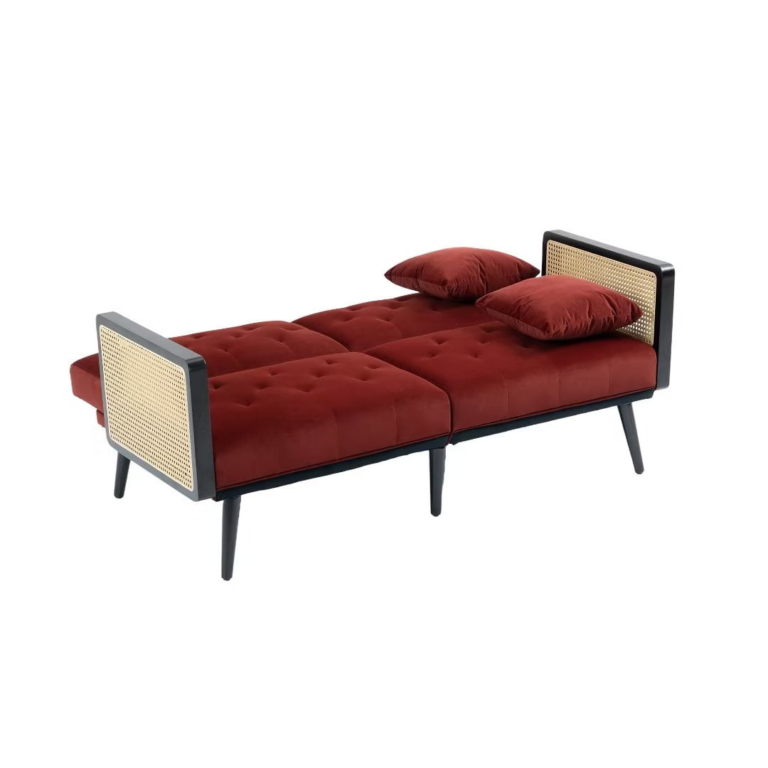 61'' W Small Velvet Sofa with Rattan Armrests, Convertible Futon Sofa ...
