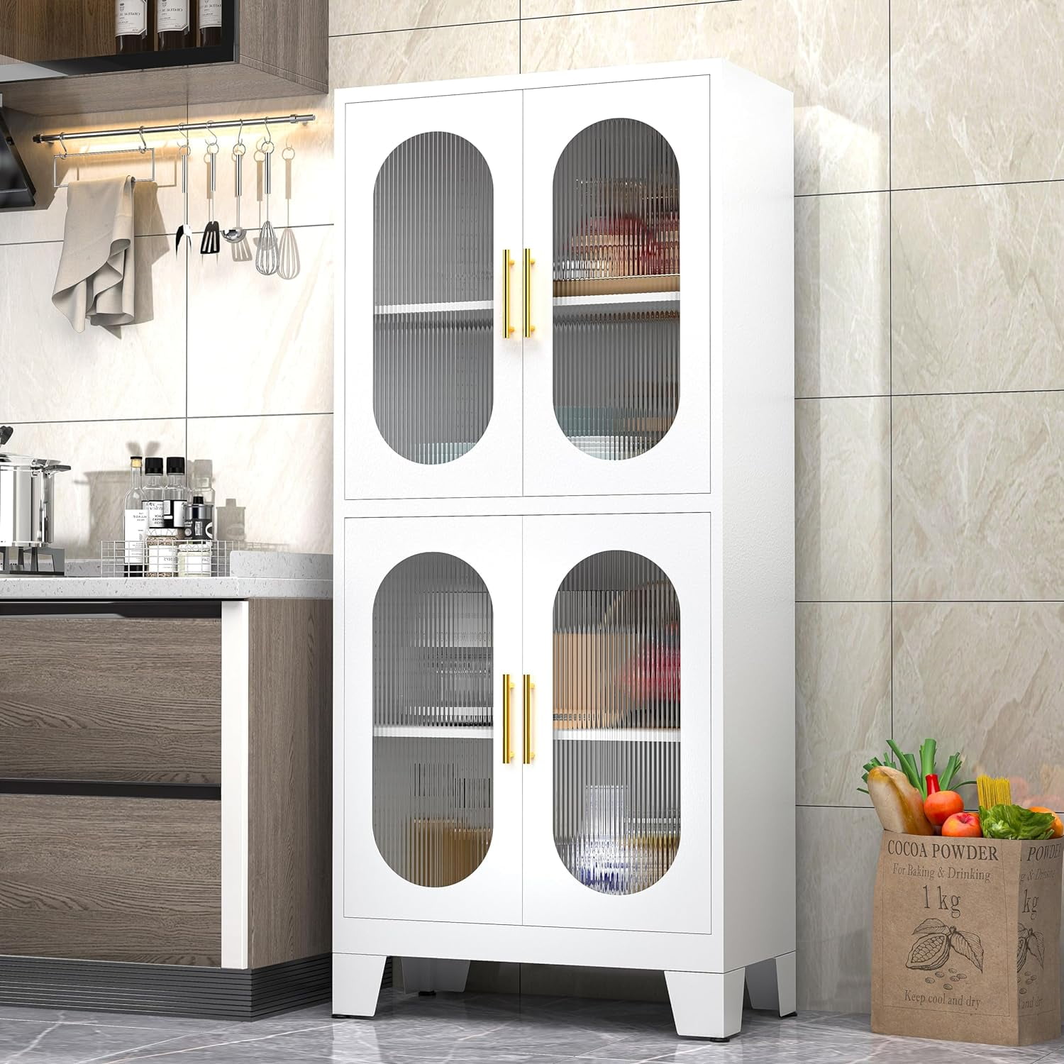 61" White Pantry Storage Cabinet, Kitchen Pantry Cabinet with Acrylic ...