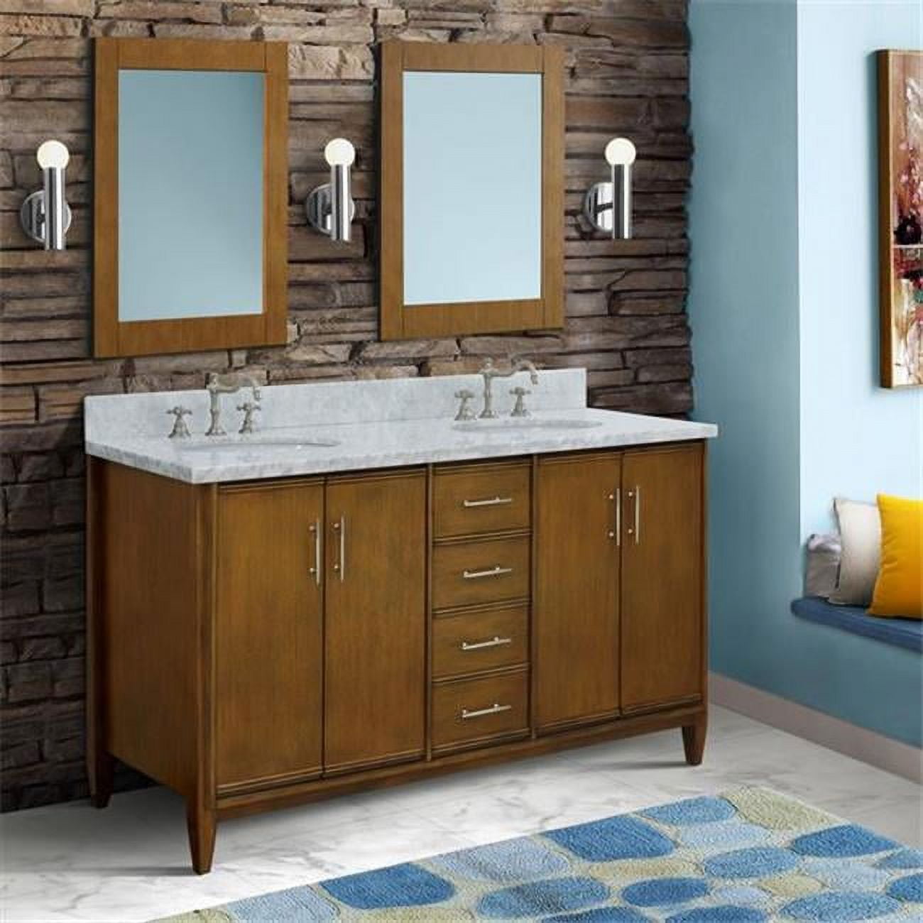 61 in. Double Oval Sink Vanity with Carrara Marble Top, Walnut & White ...
