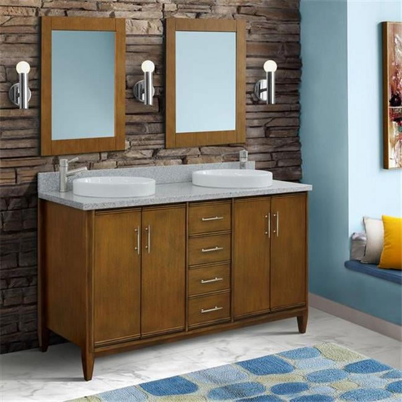 61 in. Double Round Sink Vanity with Granite Top, Walnut & Gray ...