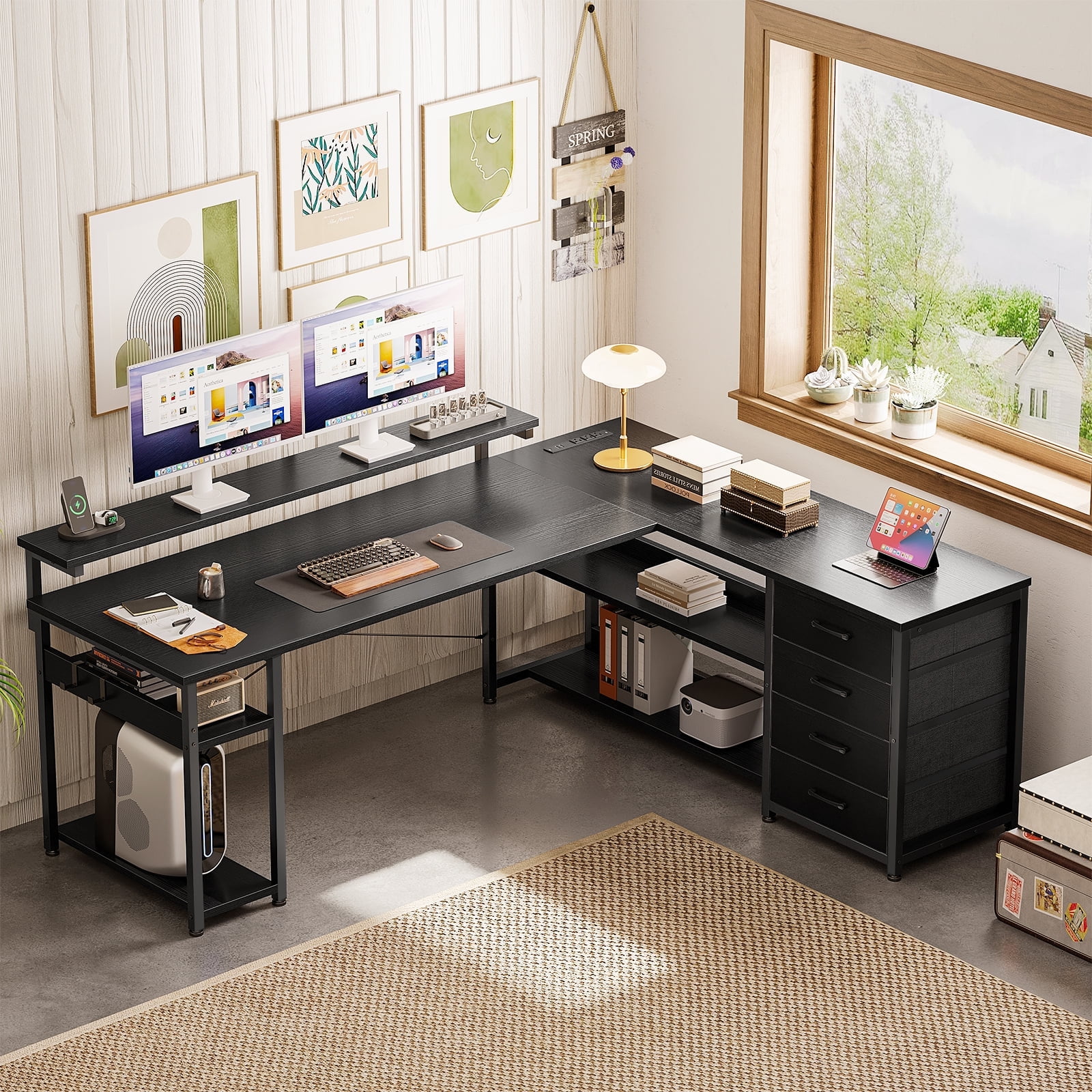 61 inch L Shaped Gaming Desk with LED Lights, Corner Desk with Drawers ...