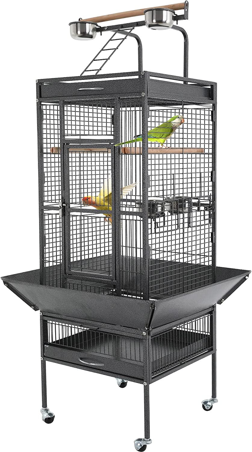 61-inch Wrought Iron Large Bird Cage with Play Top and Rolling Stand Parrot Cage Bird Cages for ...