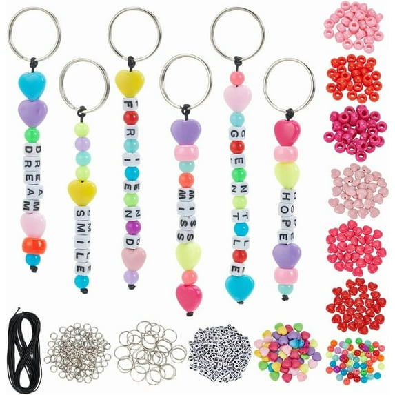 610 Pcs Beaded Keychain Making Kit Including Red Heart Round Acrylic ...