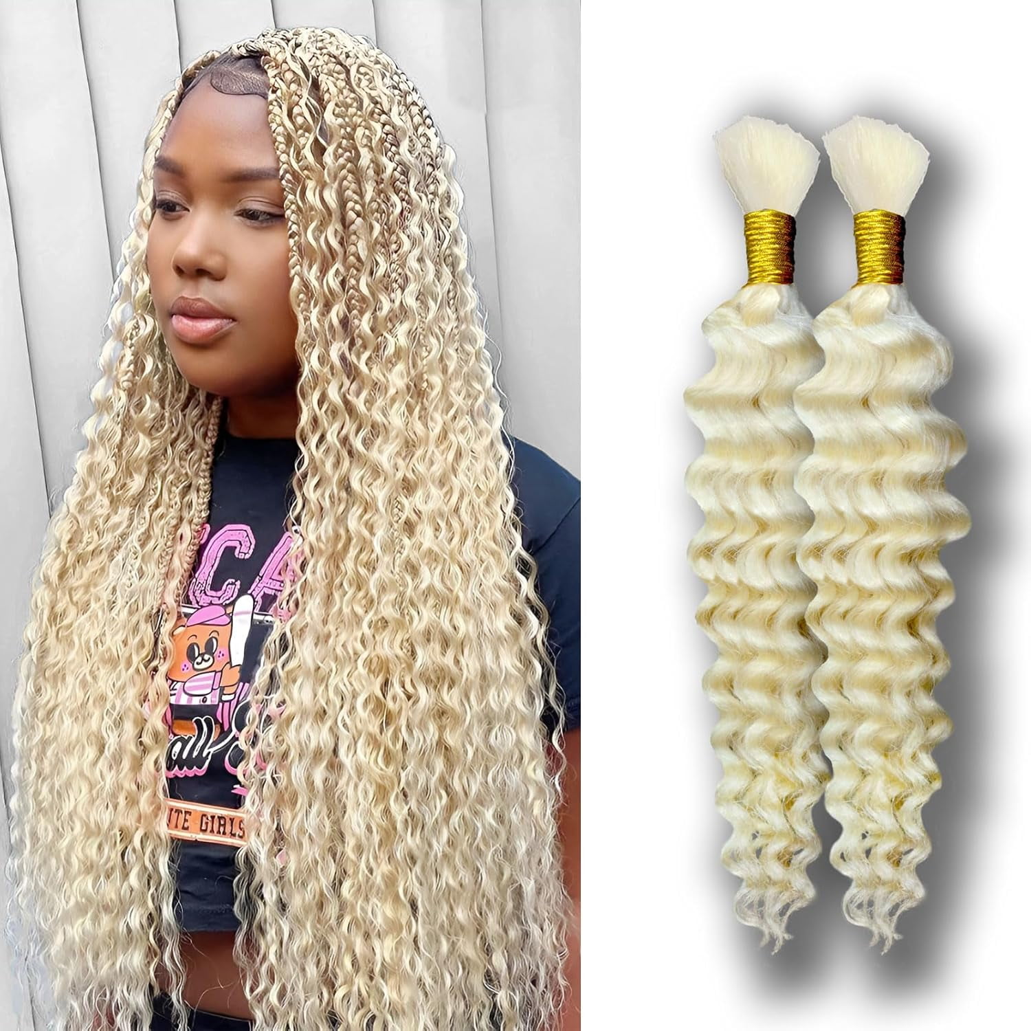 613 Blonde Human Braiding Hair 16 Inch 100g 2 Bundles Deep Wave Bulk ...