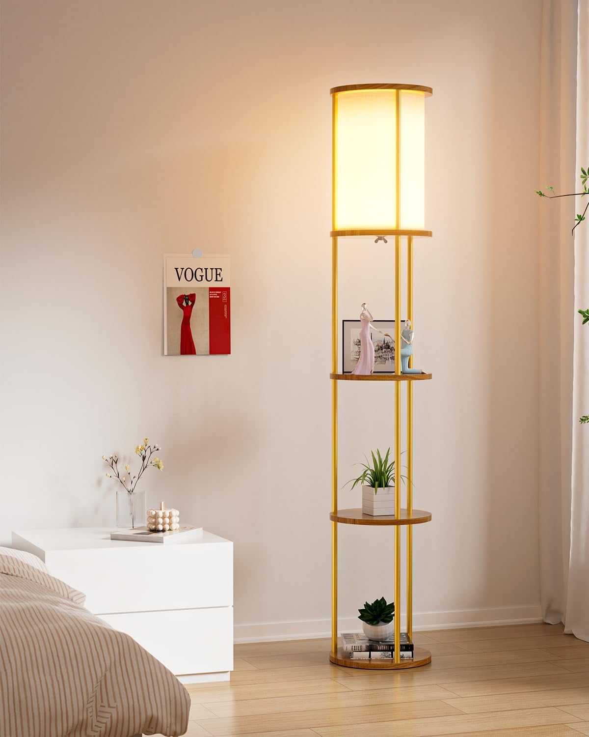 61IN Floor Lamp with Shelves, 3-Tier Storage Gold Standing Lamps with ...