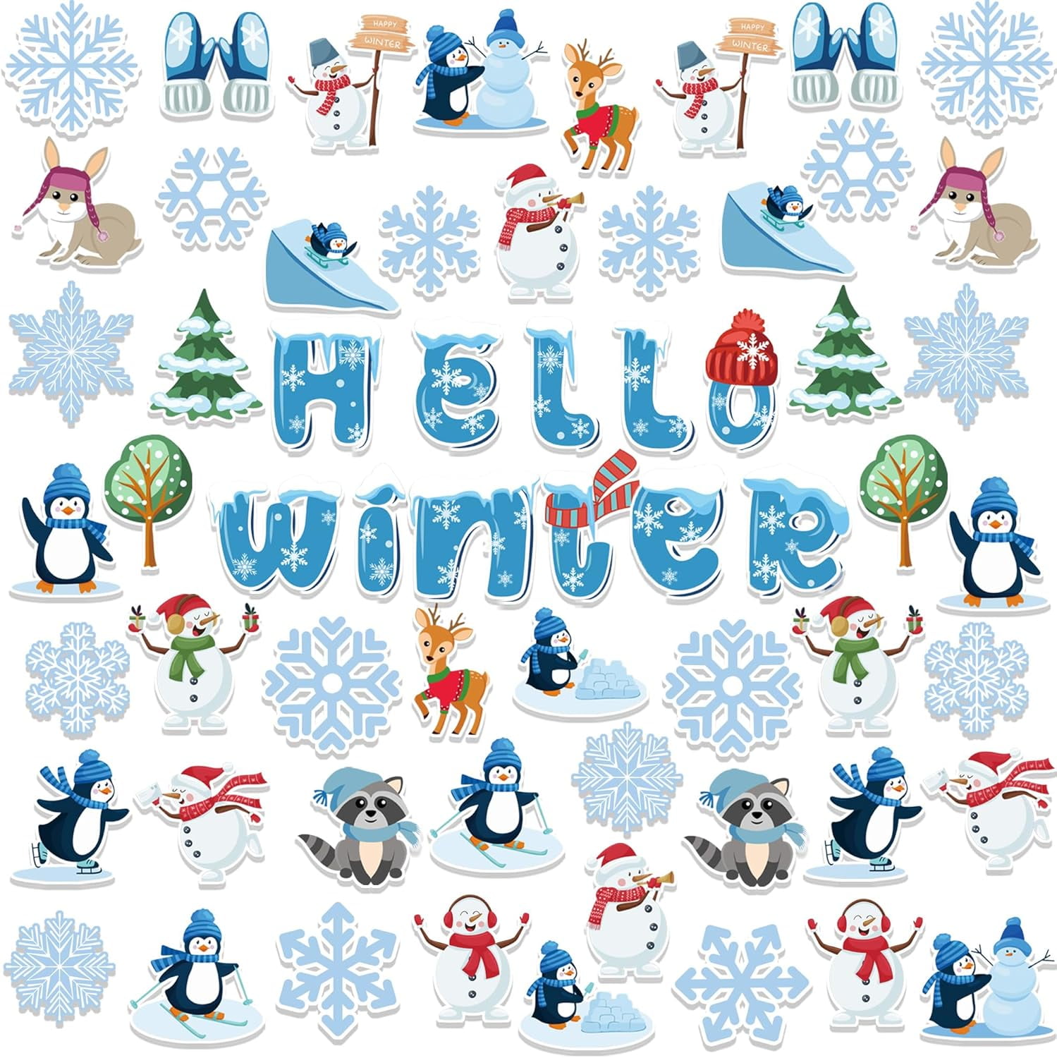 61PCS Winter Bulletin Board Decorations Hello Winter Cut-Outs Snowflake ...