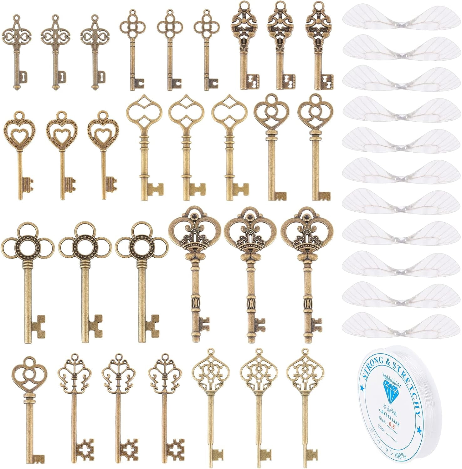 61Pcs Flying Keys Charms Vintage Keys Kit 10 Styles Dragonfly Wings ...