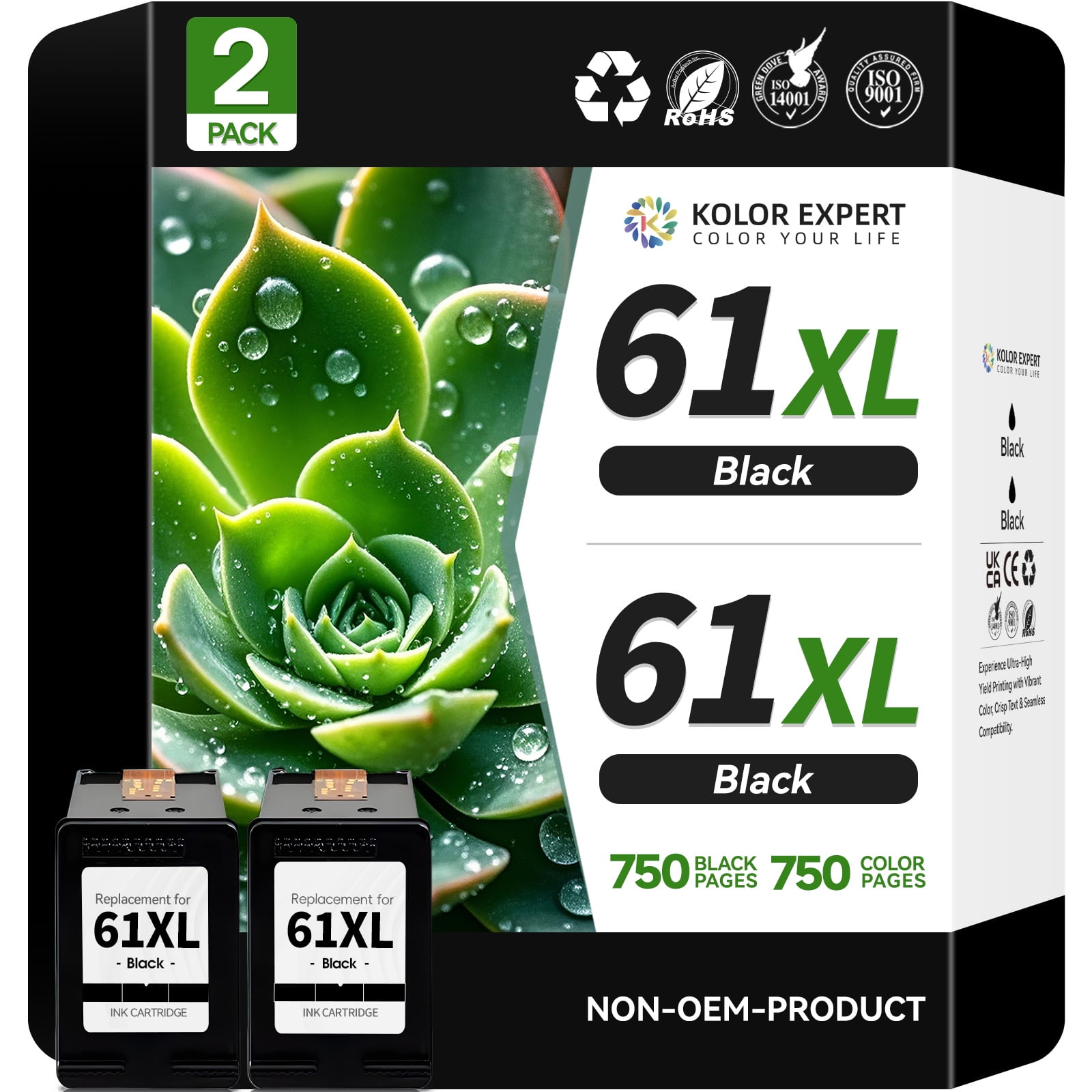 HP 61XL Black Ink Cartridge 2-Pack for HP Envy 4500, 5530, Deskjet 1000 ...