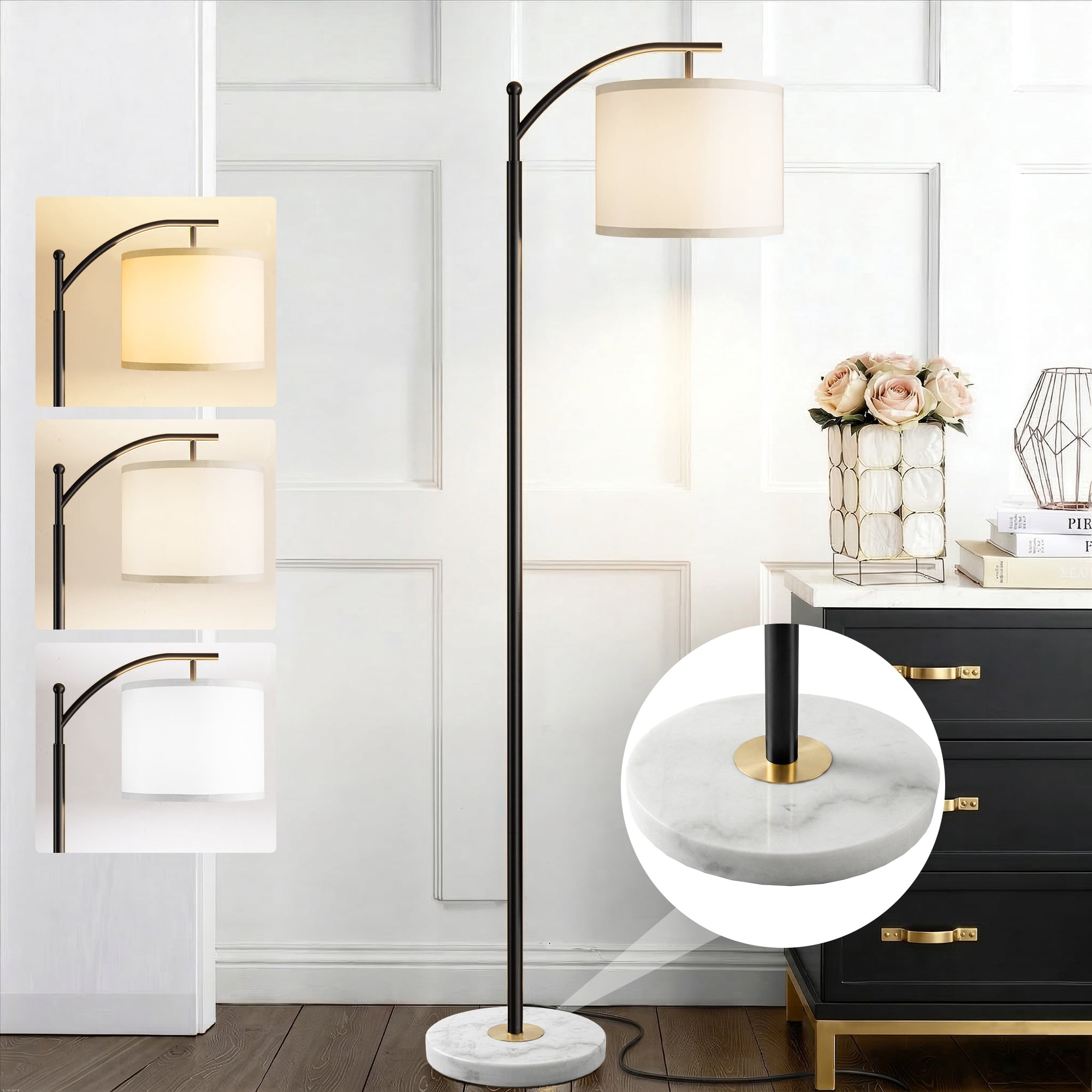 61in Black Floor Lamp with Marble Base, Modern Tall Standing Lamp for ...