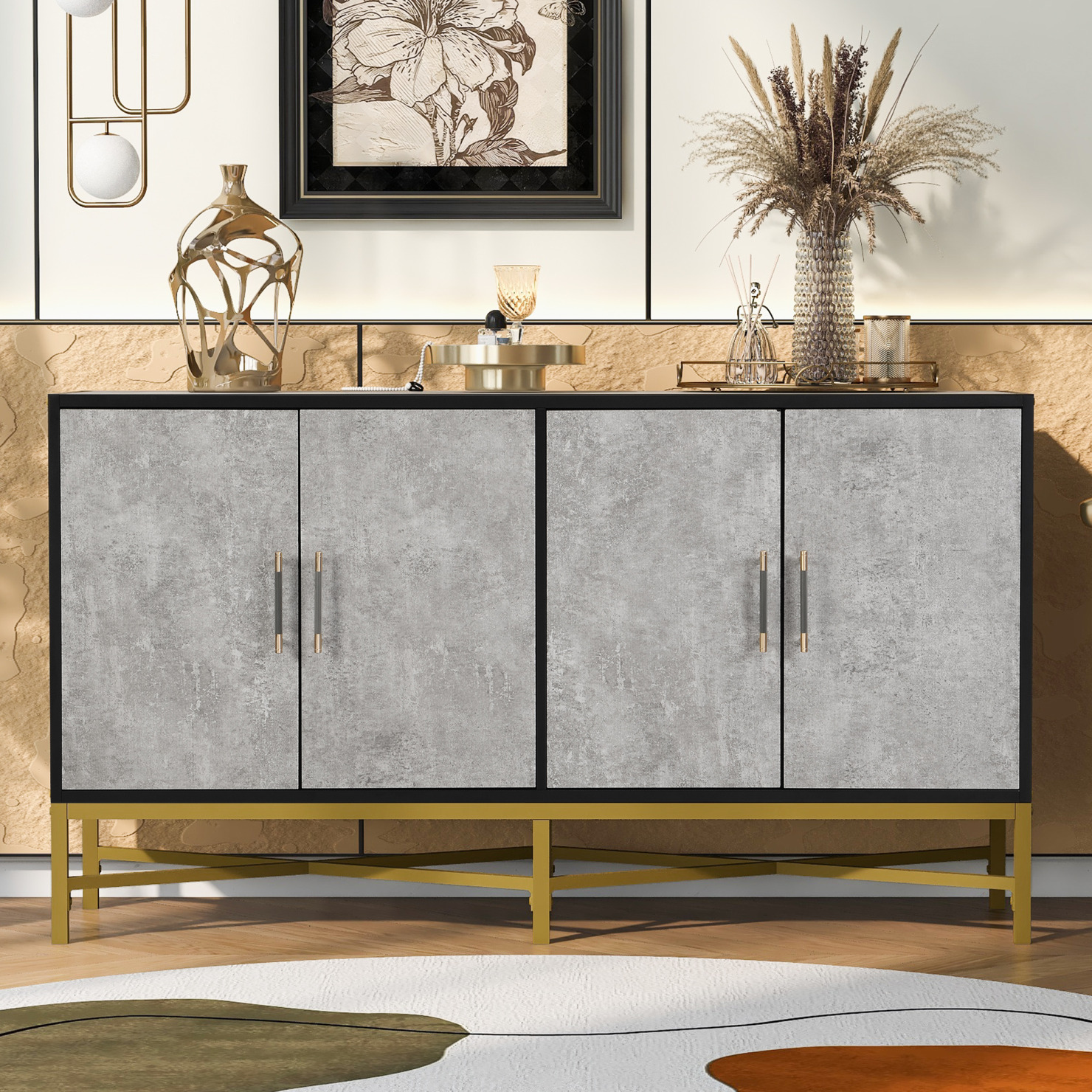 62.2" Four-Door Sideboard, Distinctive Sideboard Cabinet with Metal and ...