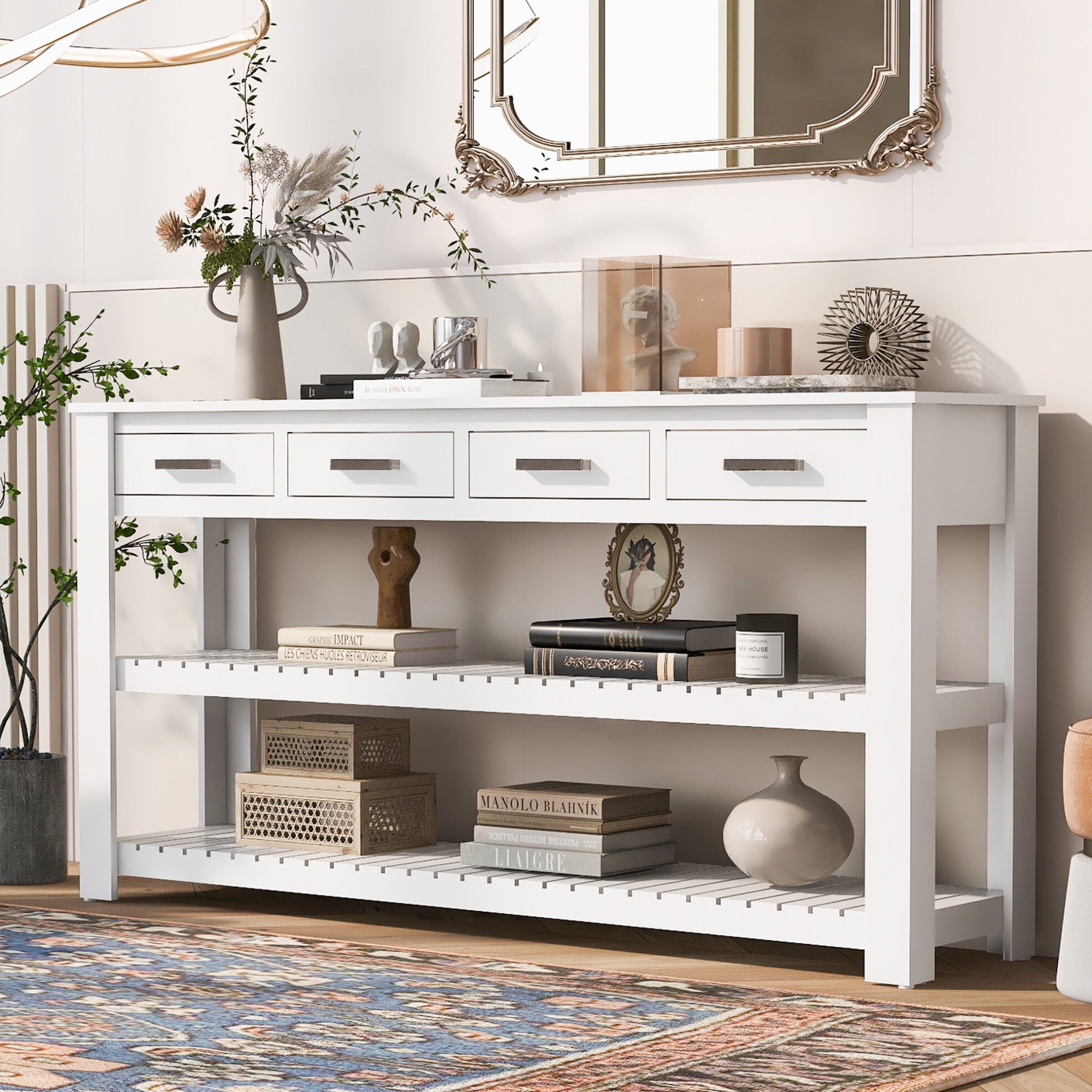 62.2'' Vintage Minimalist Entryway Console Table with 4 Drawers and 2 ...