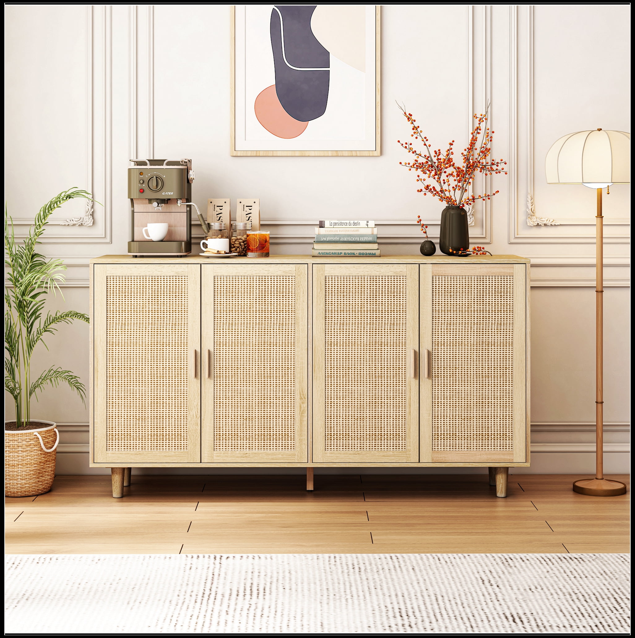 62.20"Elegant and Functional 4-Door Rattan Decorative Storage Cabinet ...
