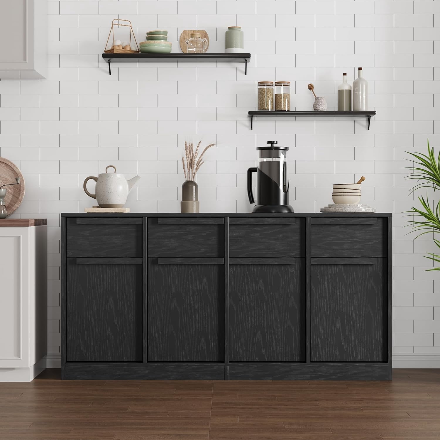 62.4" Black Sideboard Buffet Cabinet – Drawers & Doors, Modern Wood ...